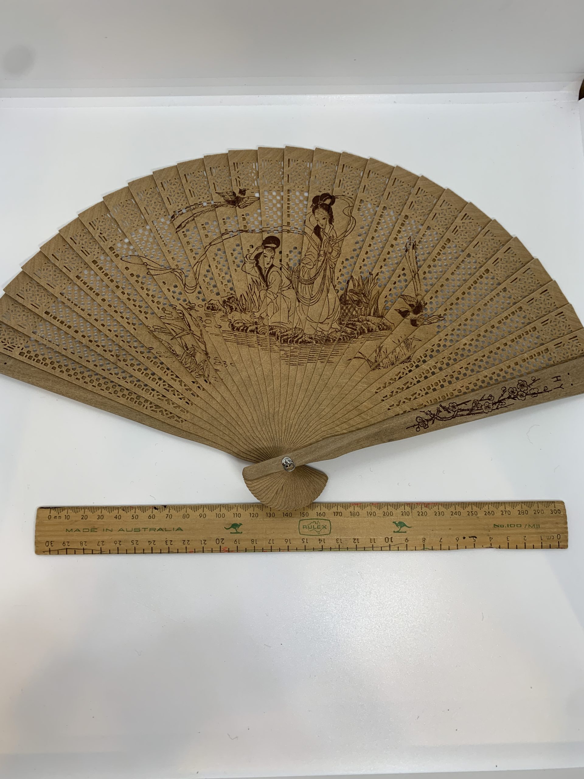 Vintage Folding Wooden Chinese Geisha Fan with Cut Outs in Original Box ...