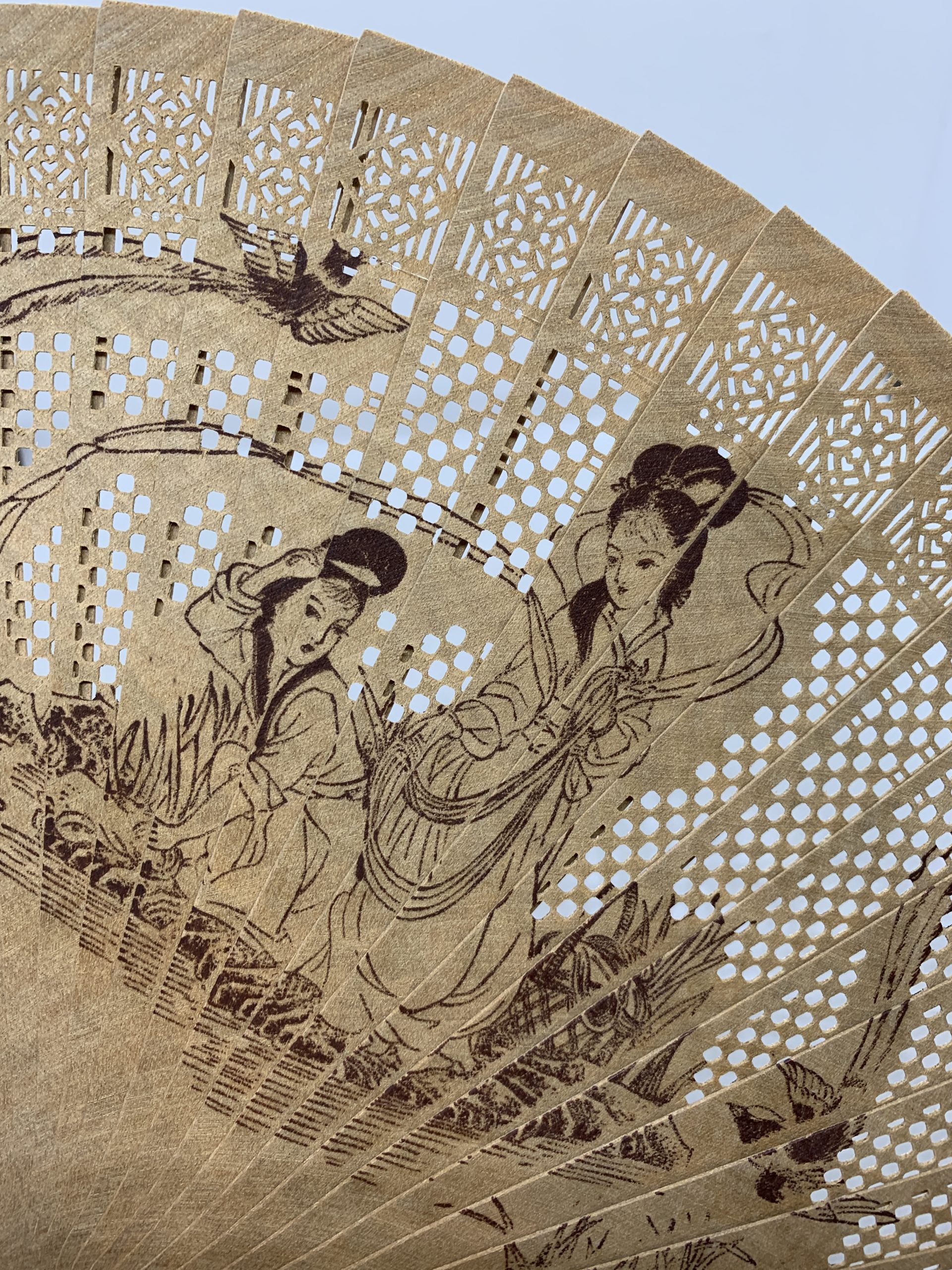 Vintage Folding Wooden Chinese Geisha Fan with Cut Outs in Original Box ...