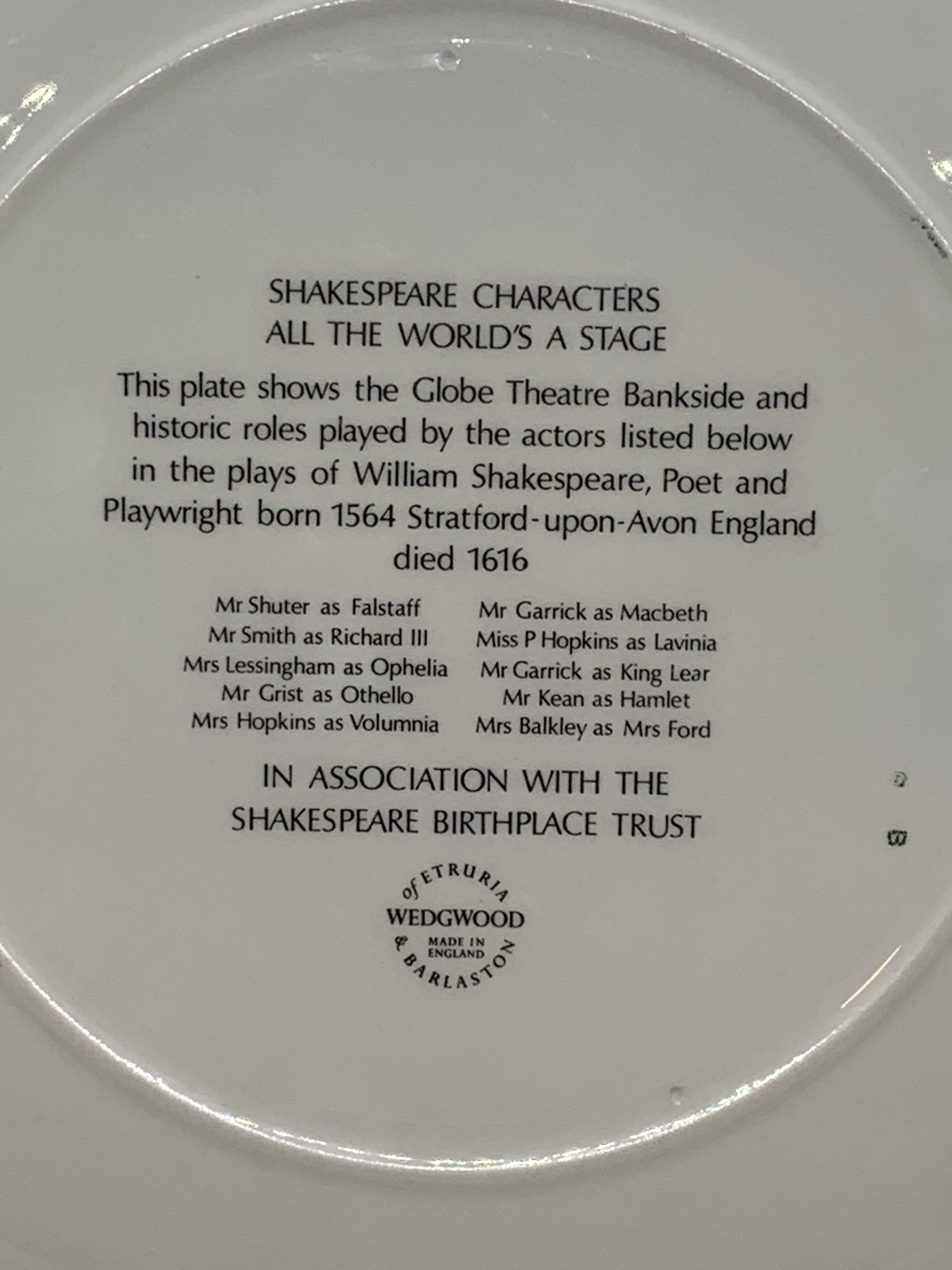 Wedgwood Plate Shakespeare Characters - All the Worlds a Stage - 26cm ...