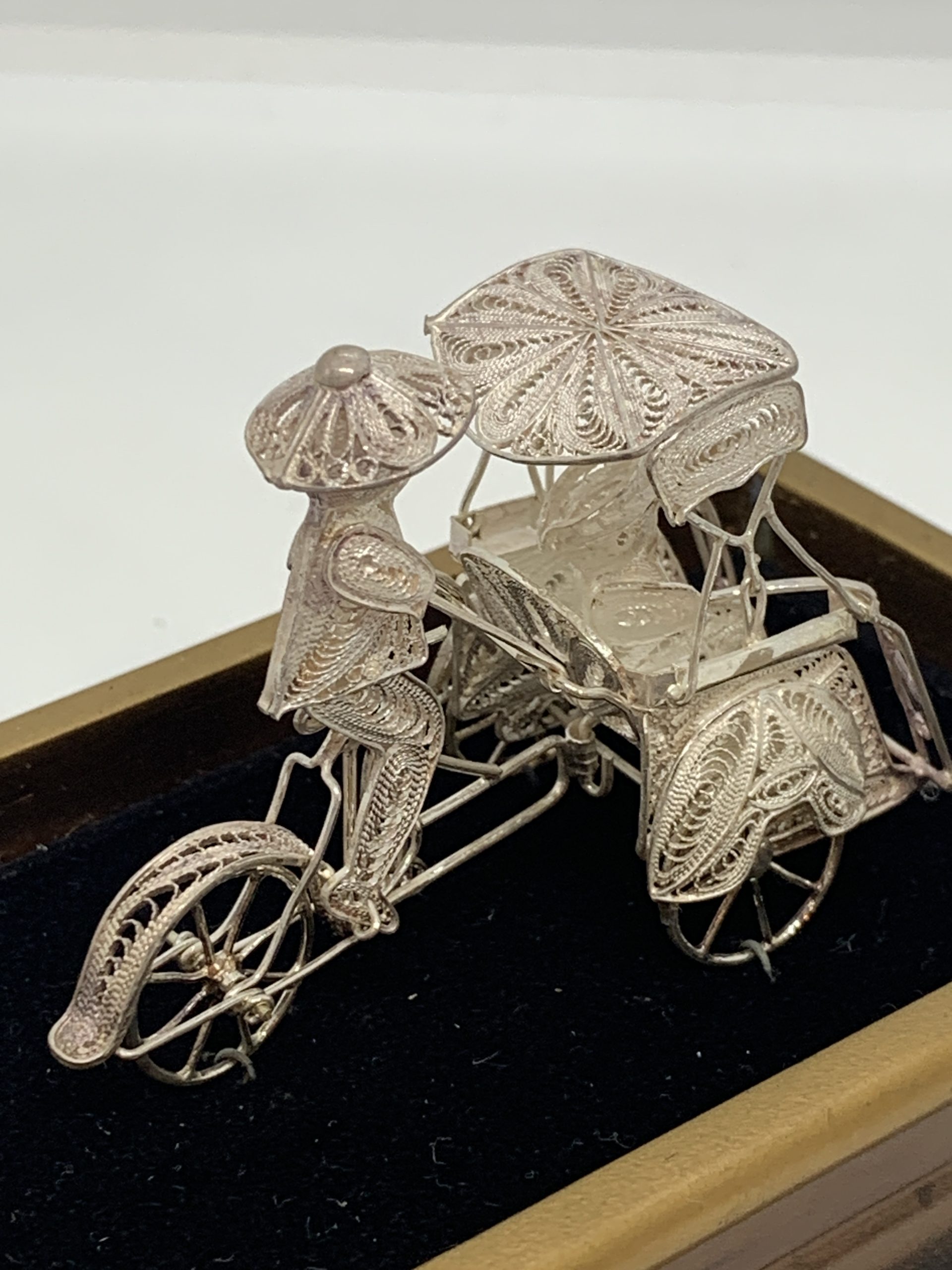 Chinese Filigree Silver Rickshaw in Glass Case - Vintage Keepsakes