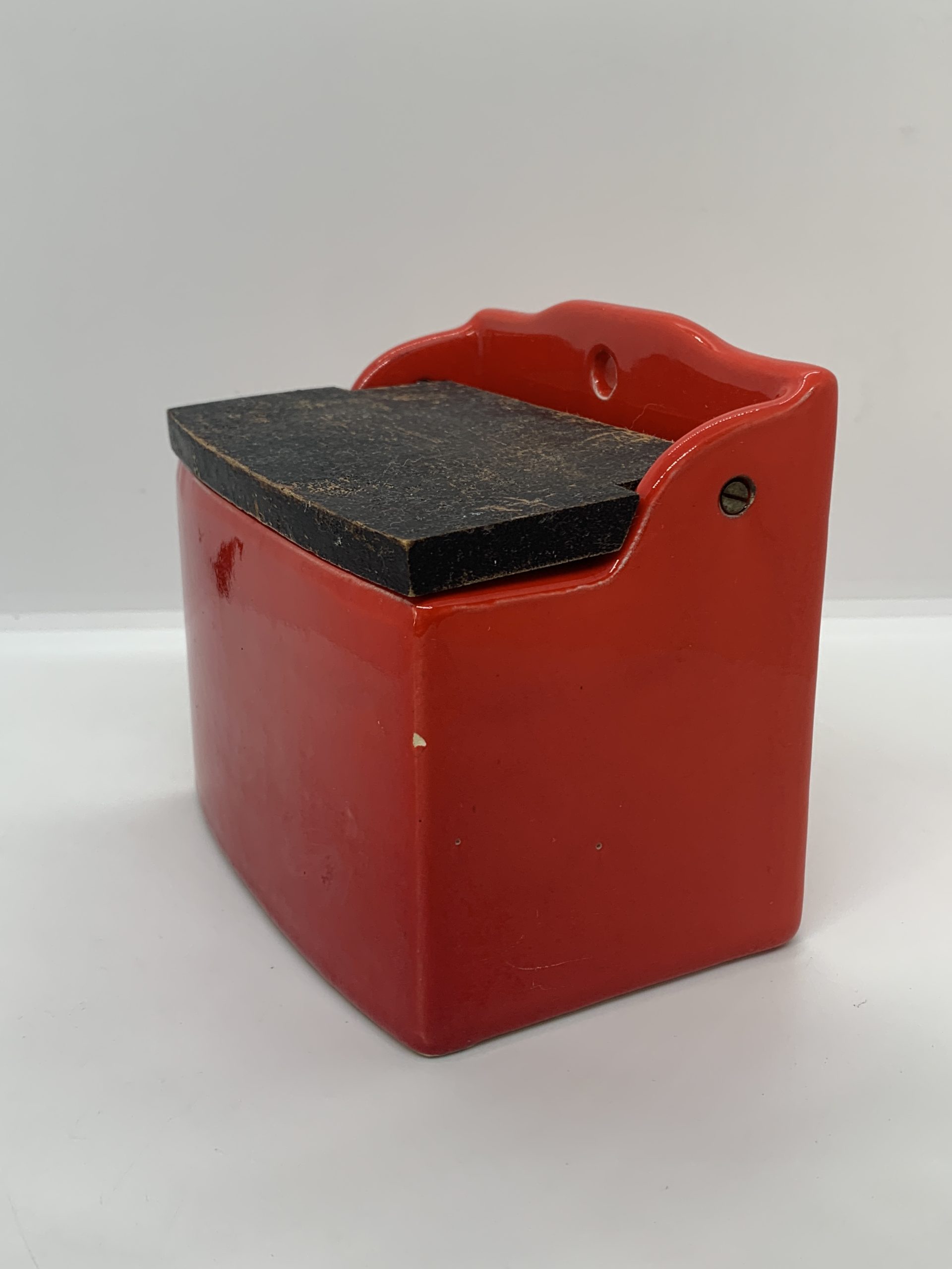 Red Enameled Pottery Salt Box with Wooden Lid - Vintage Keepsakes