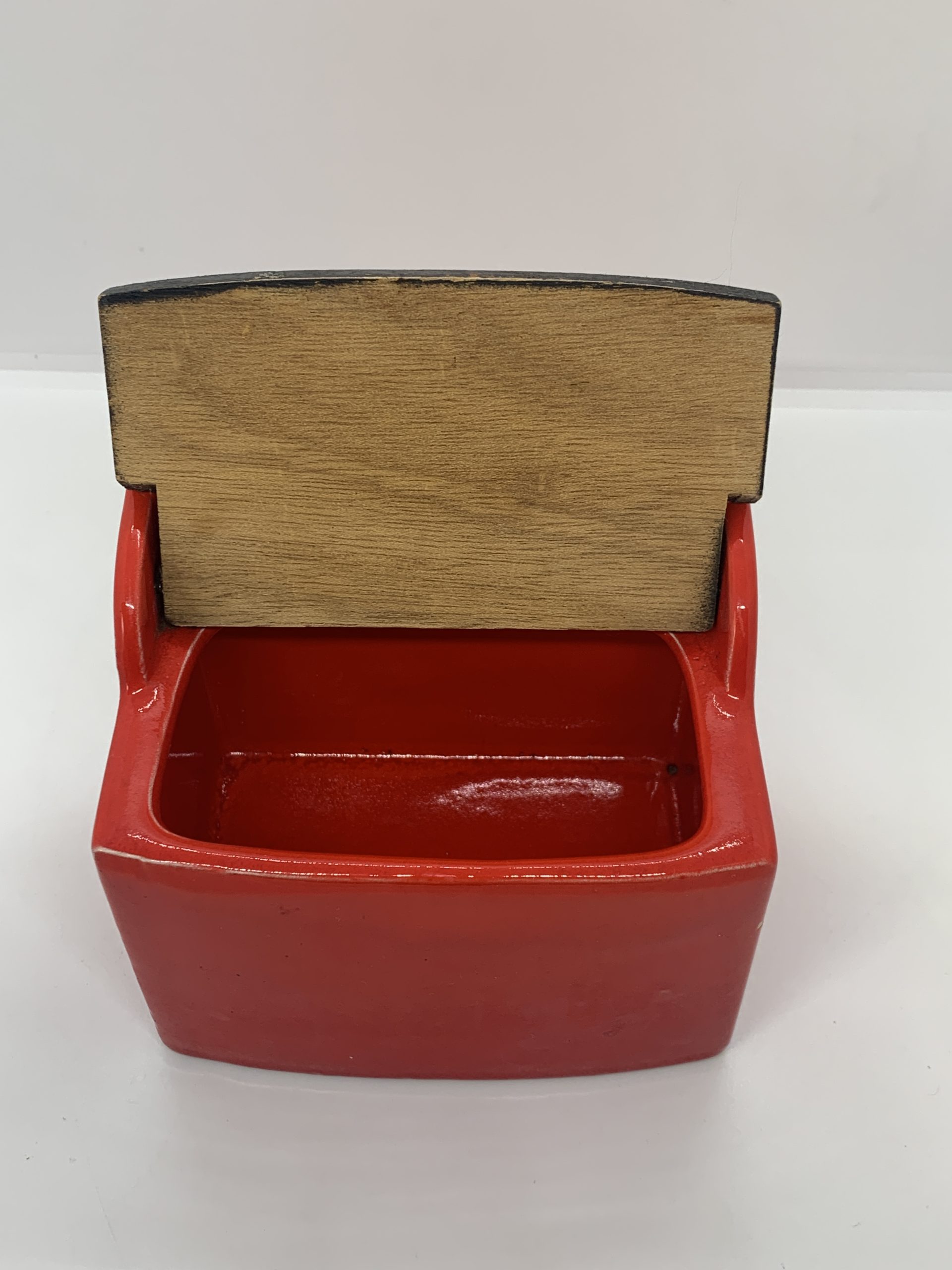 Red Enameled Pottery Salt Box with Wooden Lid - Vintage Keepsakes
