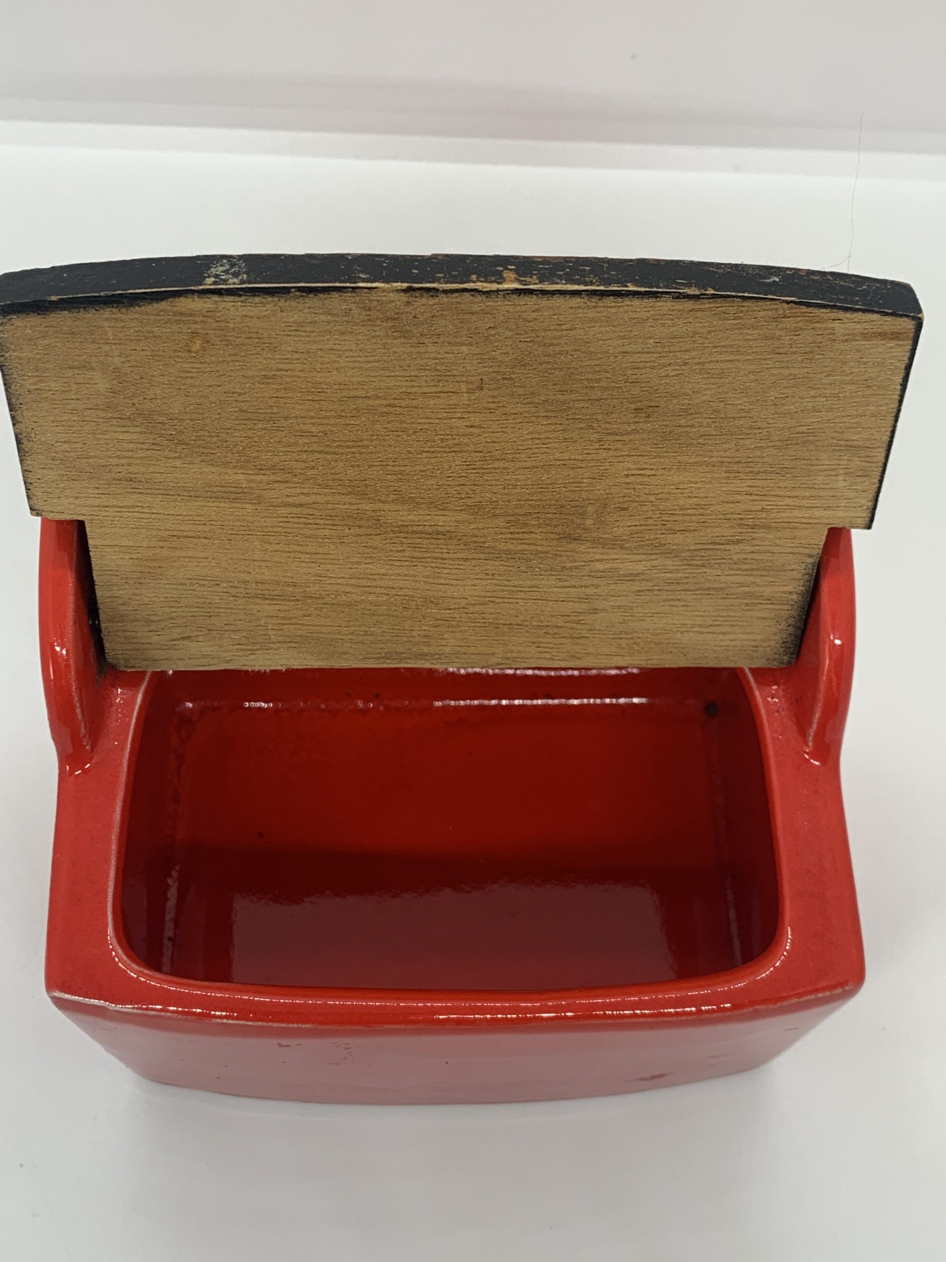 Red Enameled Pottery Salt Box with Wooden Lid - Vintage Keepsakes