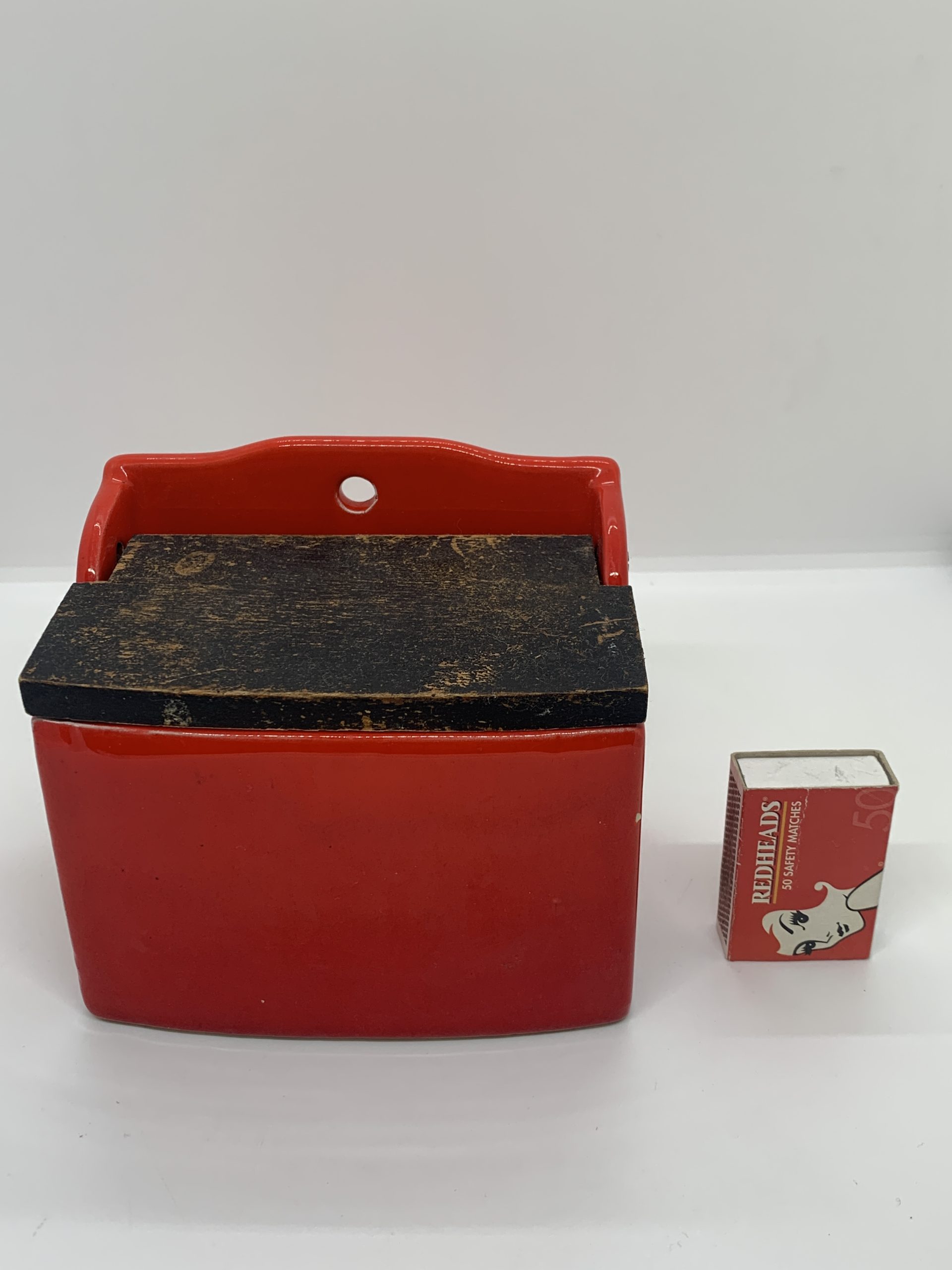 Red Enameled Pottery Salt Box with Wooden Lid - Vintage Keepsakes