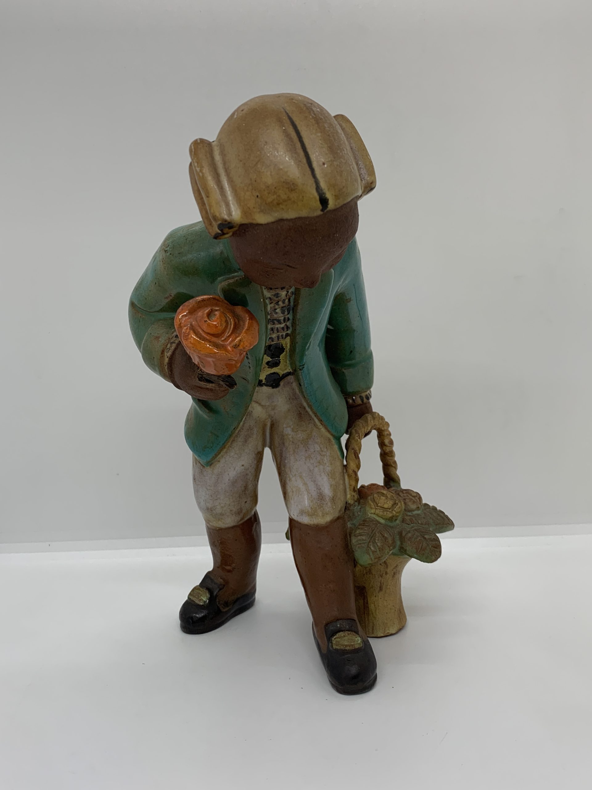 Vintage Pottery Boy Figure Bowing with Roses - likely Keramia - approx ...