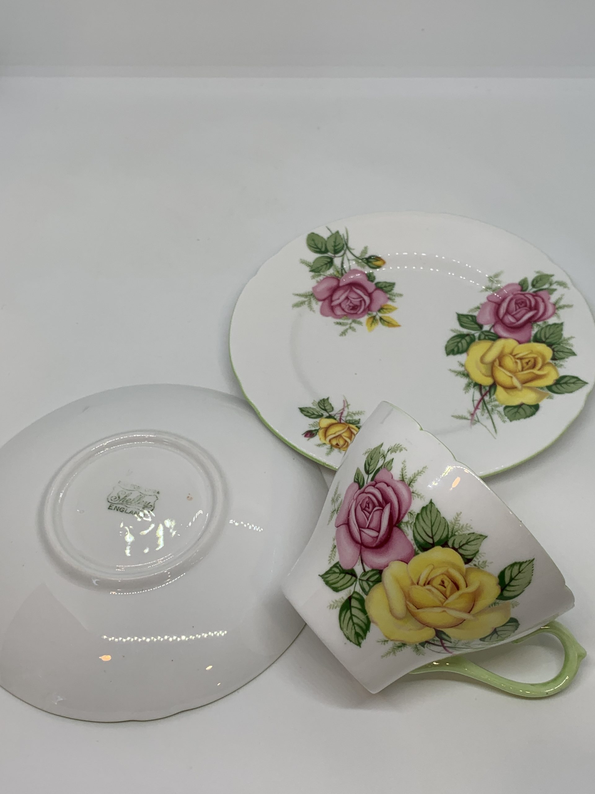 Shelley Yellow and Pink Roses with Green Band Fine Bone China (Made in ...
