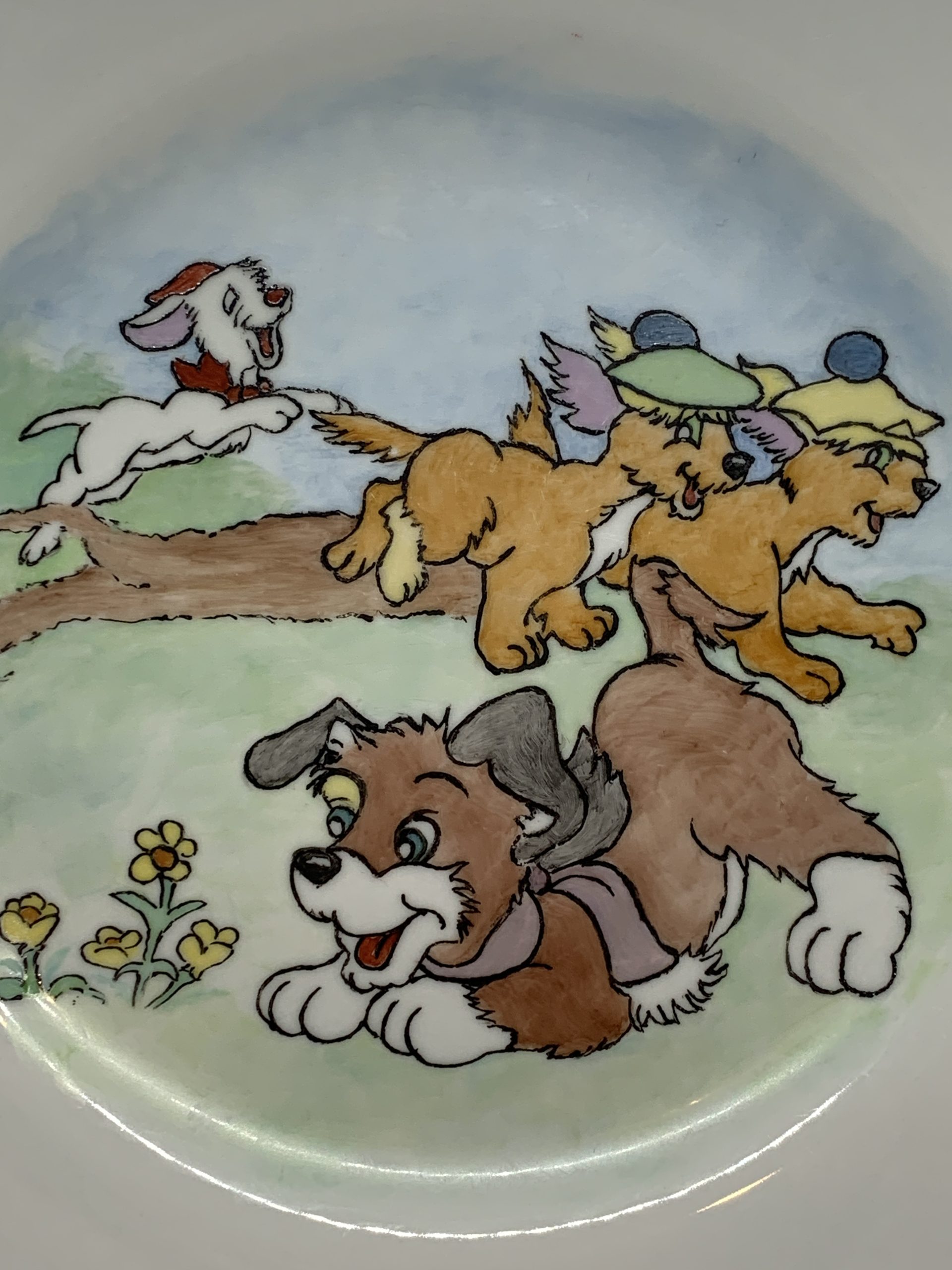 Vintage Hand Painted Plate with Cartoon Dogs Playing 27cm - Vintage ...