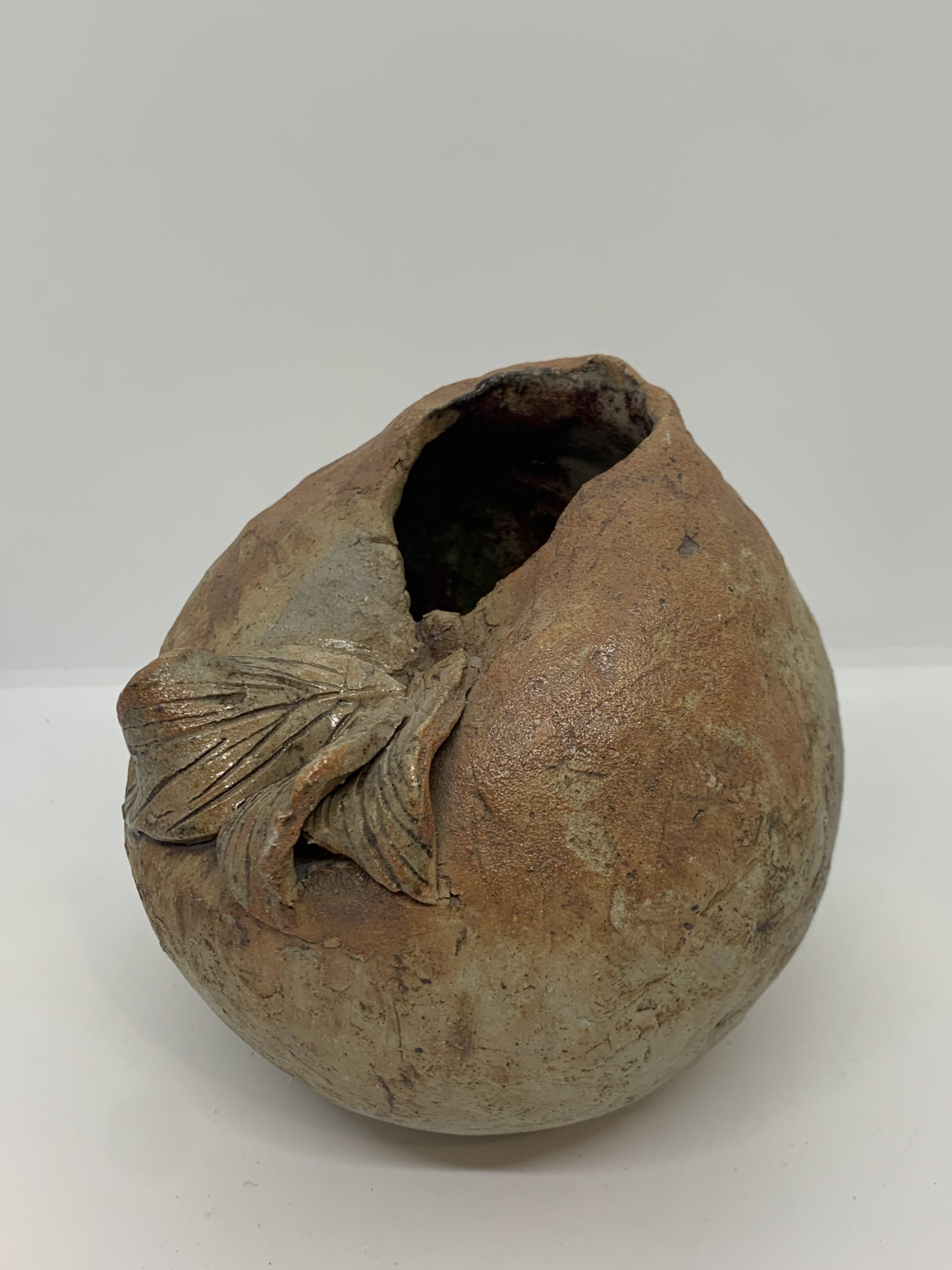 Rustic Round Orb Pottery Vase with Leaf Adornment 14cm - Vintage Keepsakes