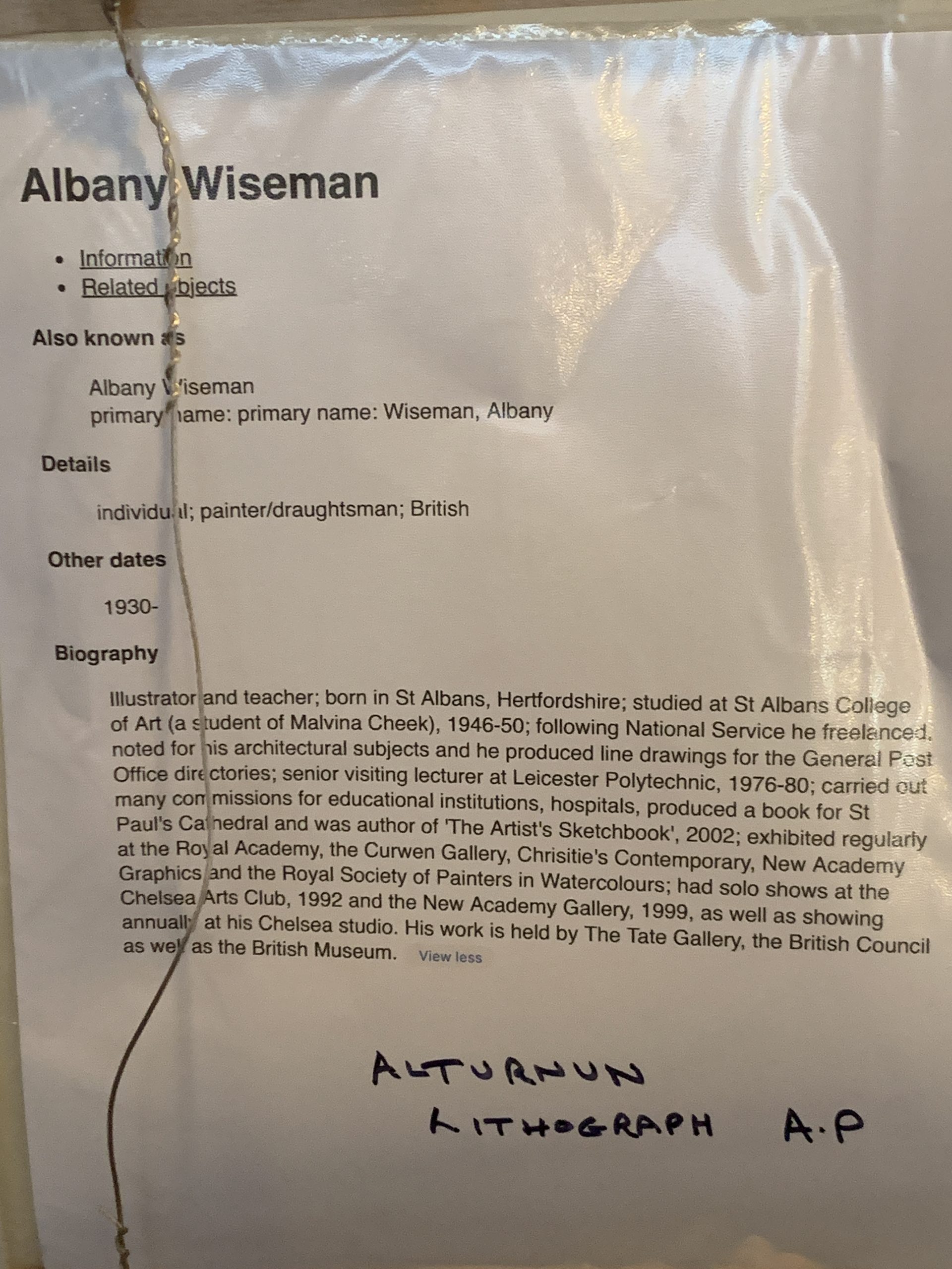 Albany Wiseman (1930-2021) Lithograph - Alturnun - AP - Vintage Keepsakes