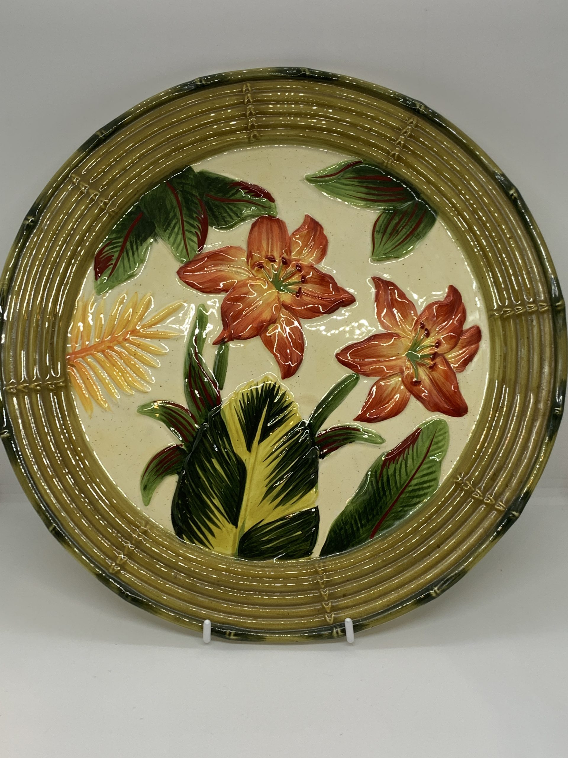 Bamboo and Hibiscus Pattern Ceramic Plate 32cm - Vintage Keepsakes