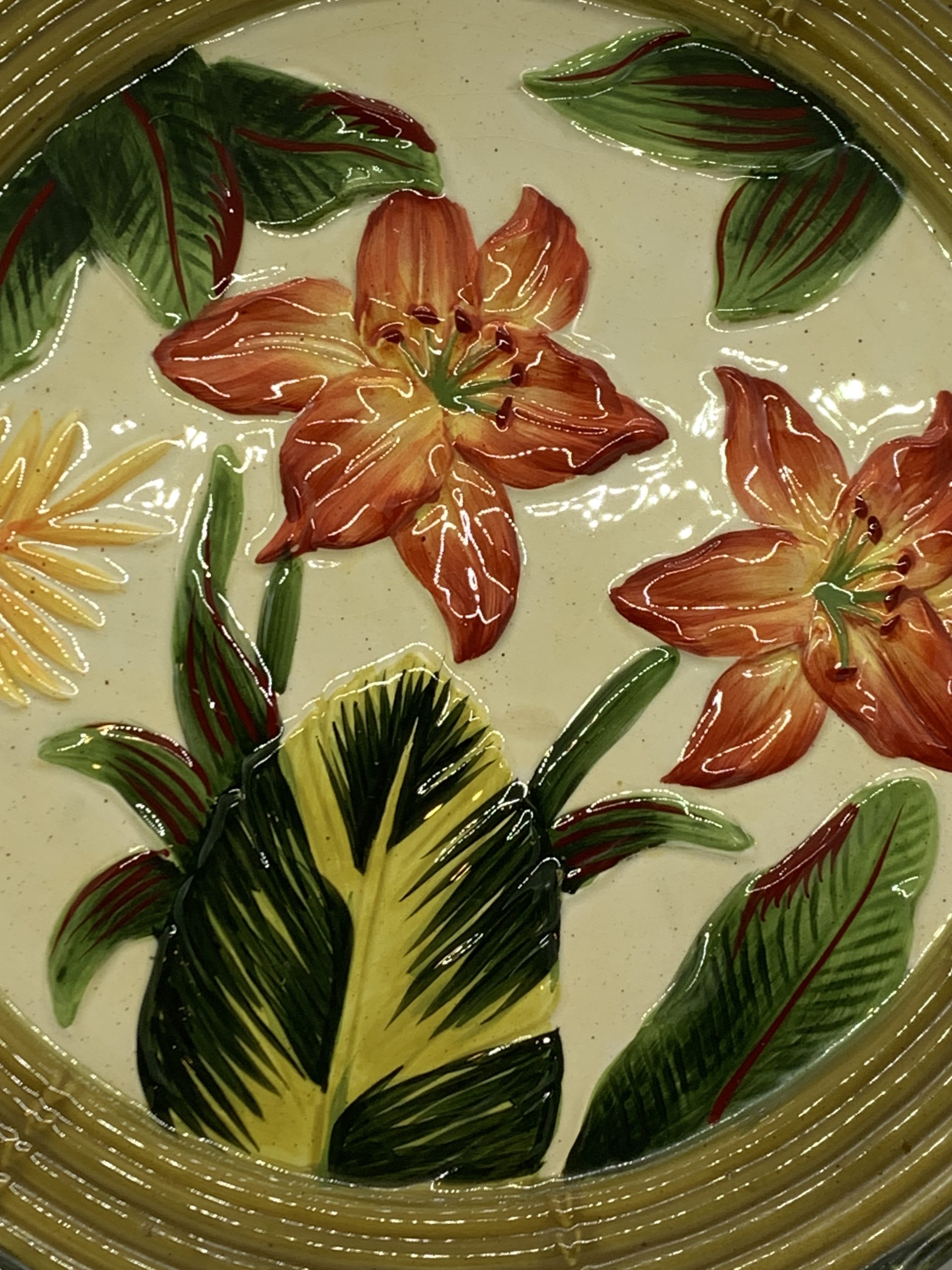 Bamboo and Hibiscus Pattern Ceramic Plate 32cm - Vintage Keepsakes