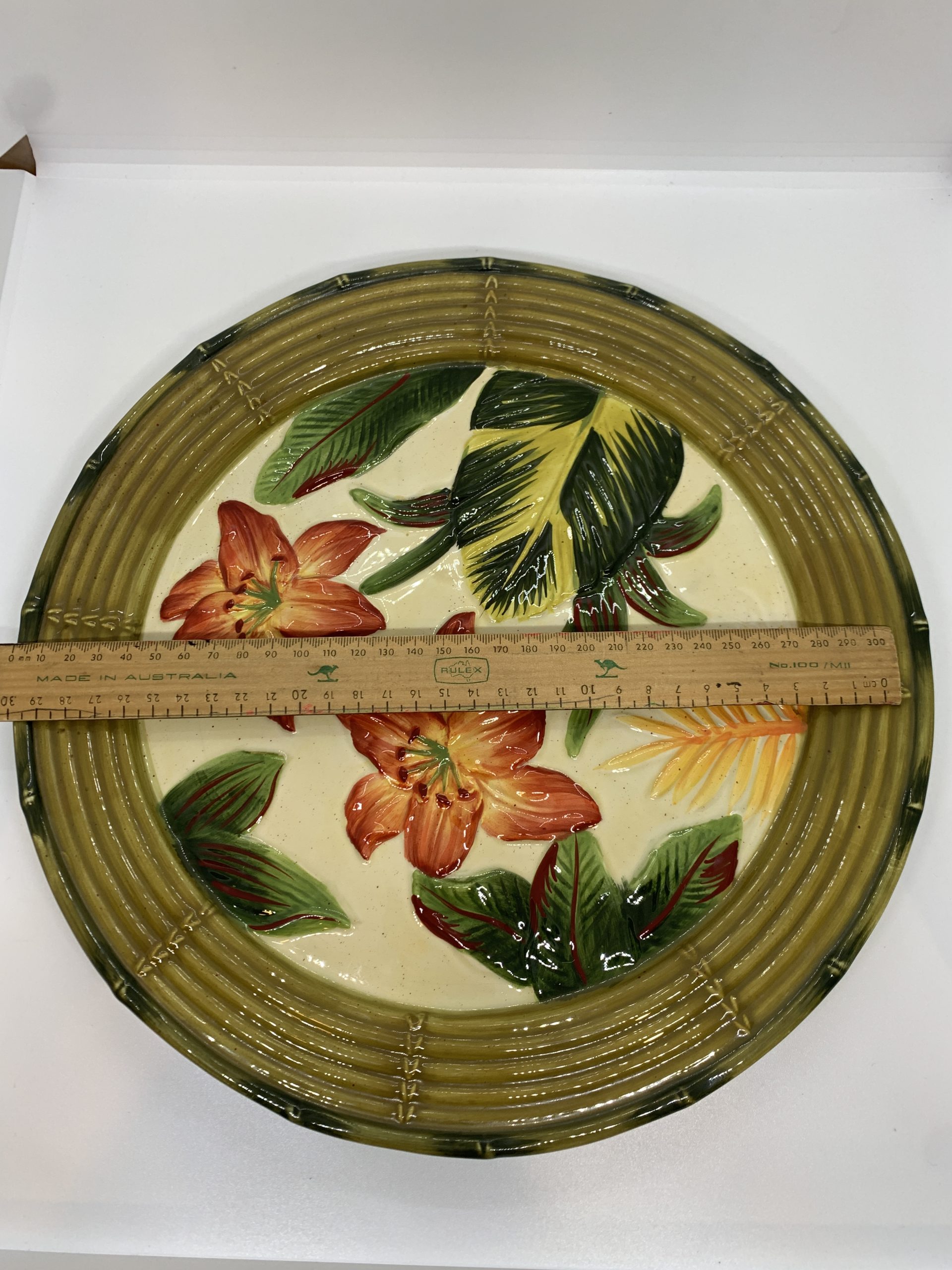 Bamboo and Hibiscus Pattern Ceramic Plate 32cm - Vintage Keepsakes