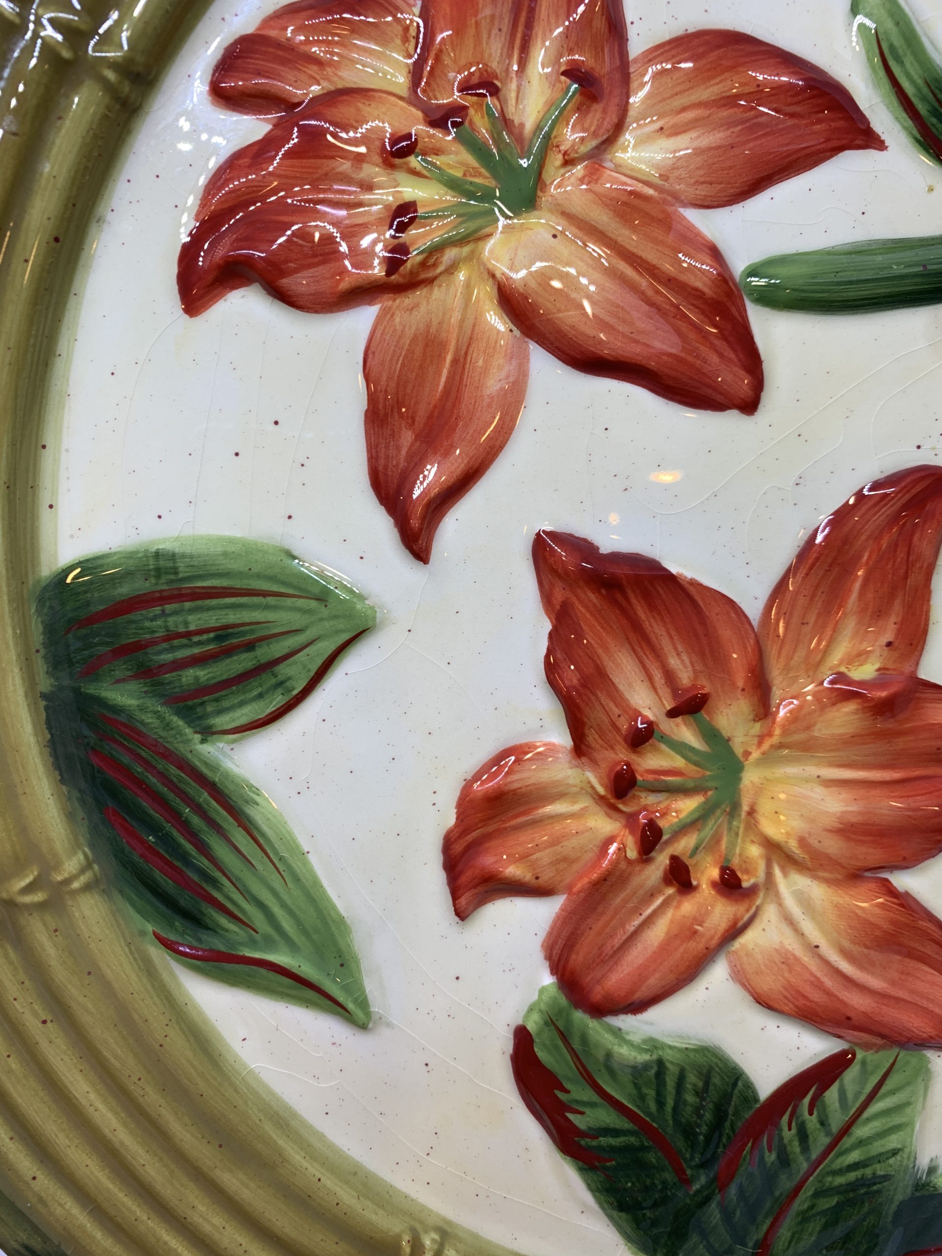 Bamboo and Hibiscus Pattern Ceramic Plate 32cm - Vintage Keepsakes