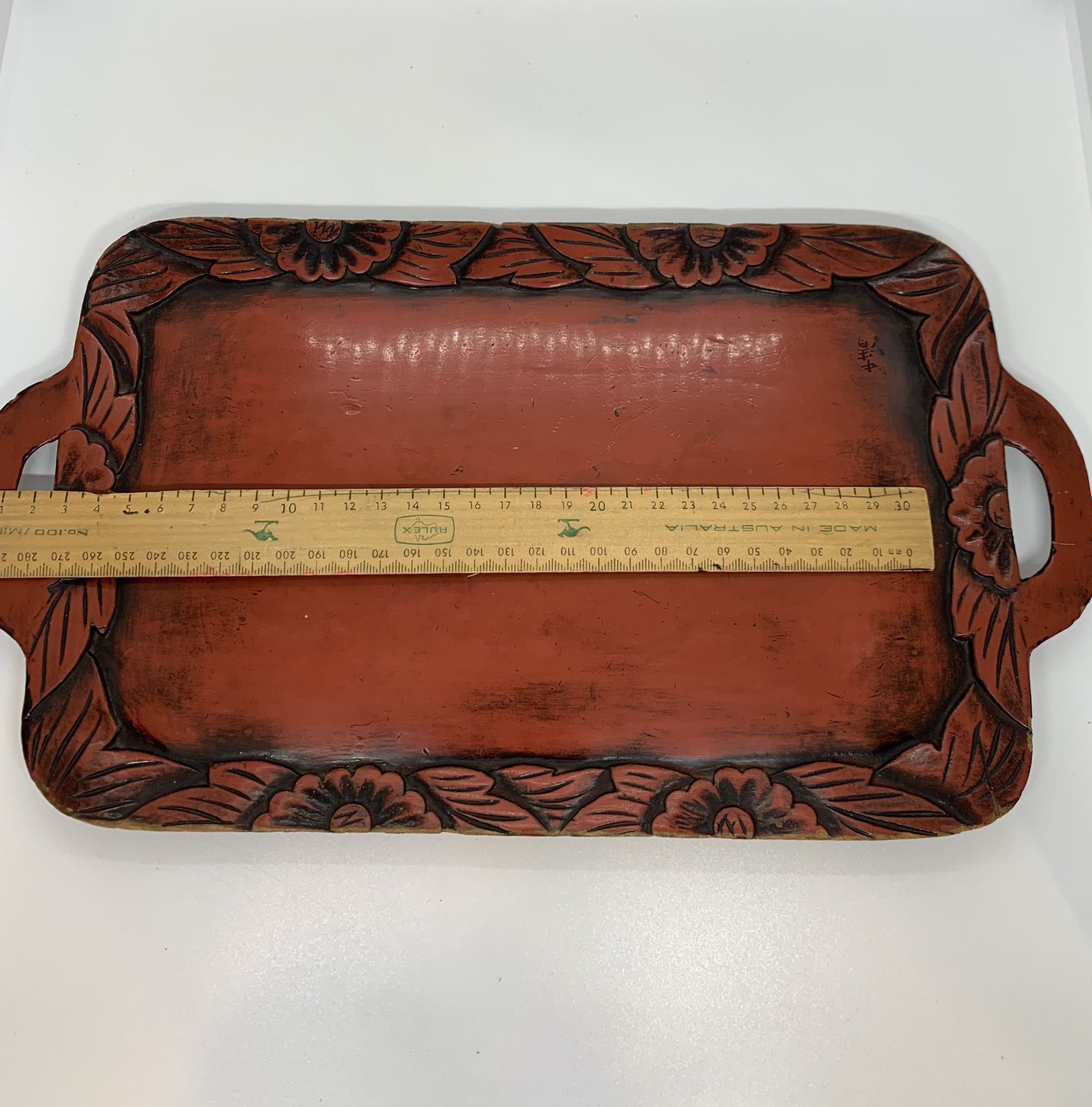 Vintage Japanese Carved Red Laquered Tray with Handles 31x20cm (AF ...