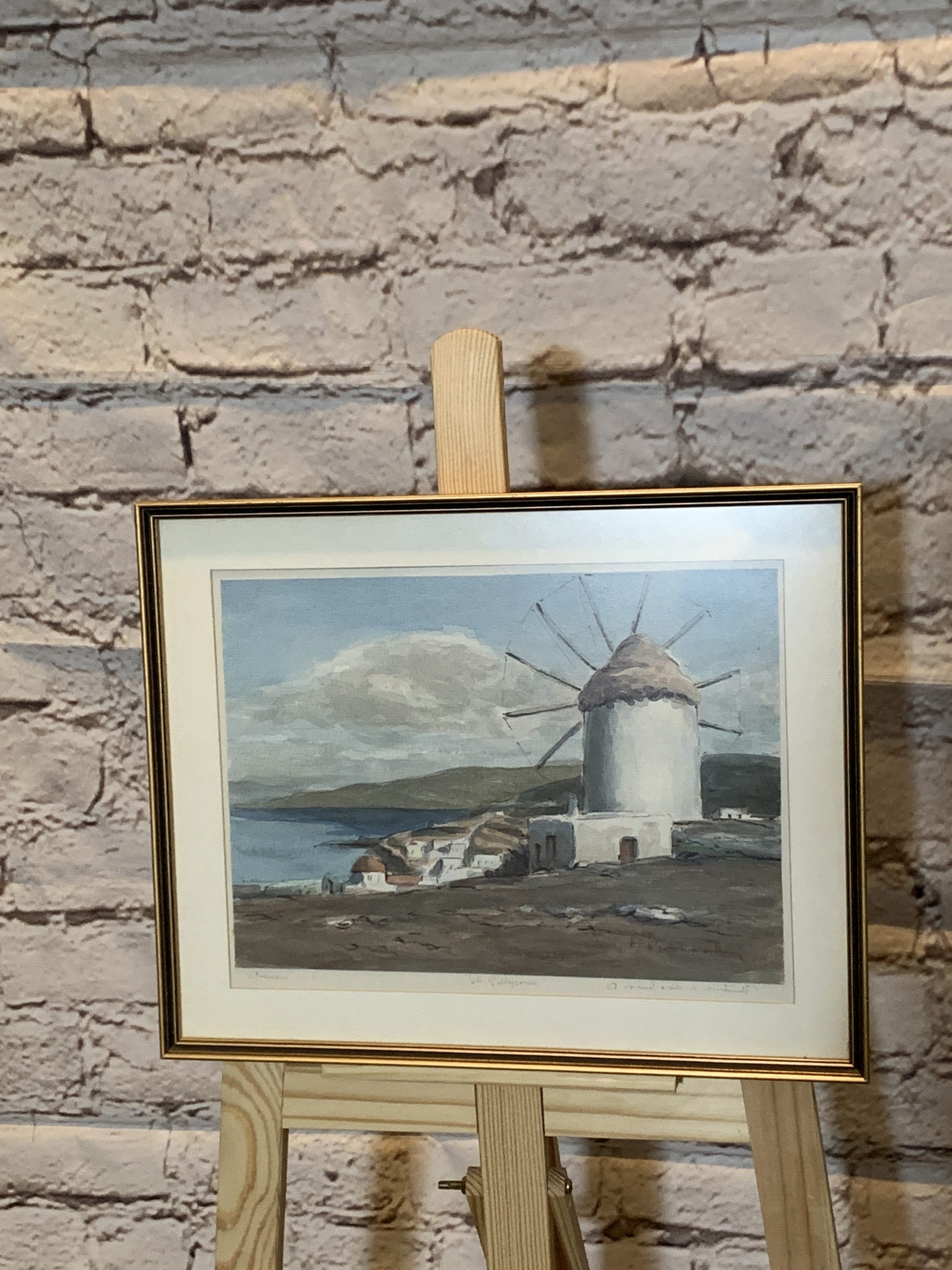 Watercolor signed and title - A view with a windmill - Isle of Mykonos ...