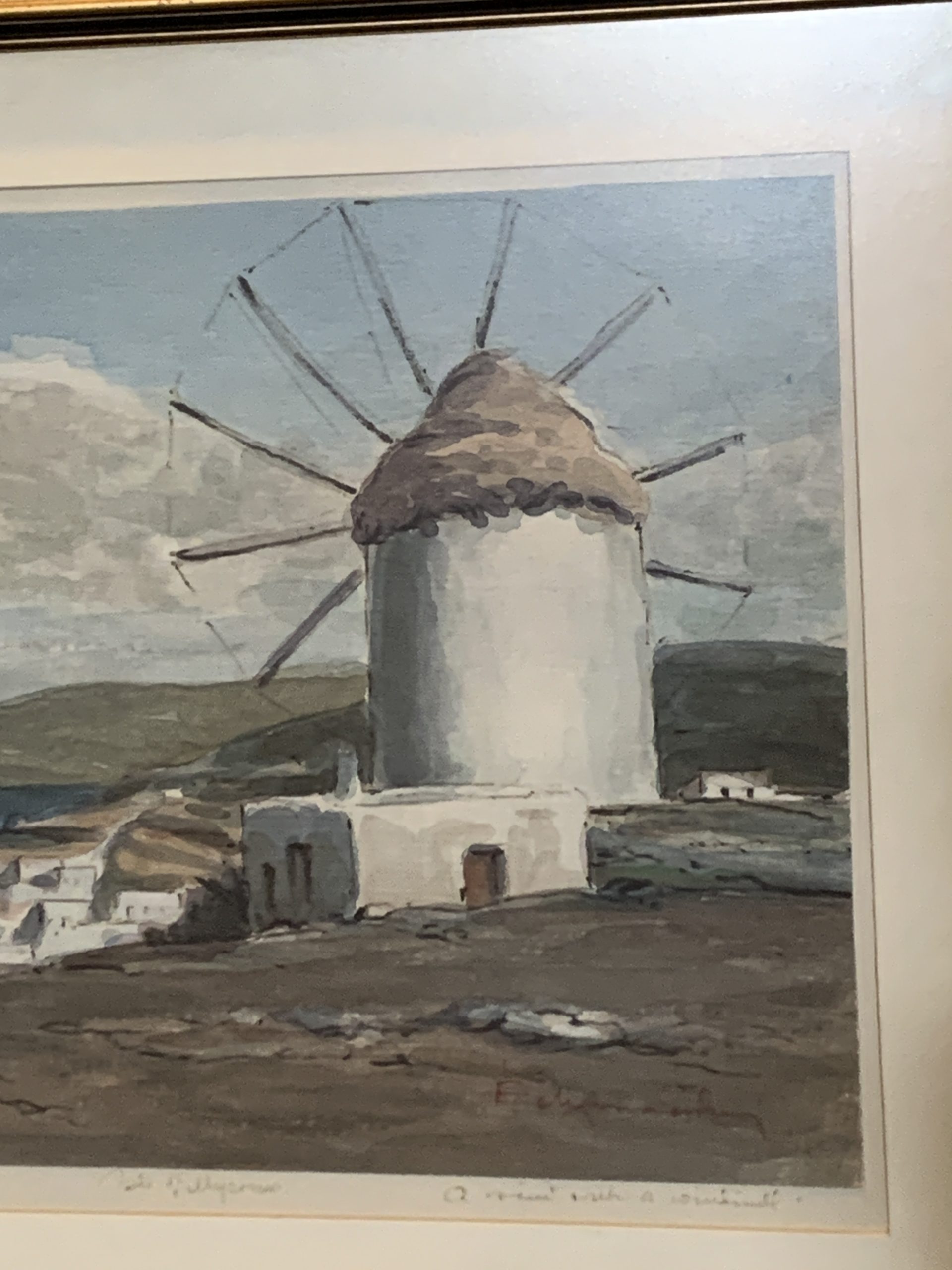 Watercolor signed and title - A view with a windmill - Isle of Mykonos ...