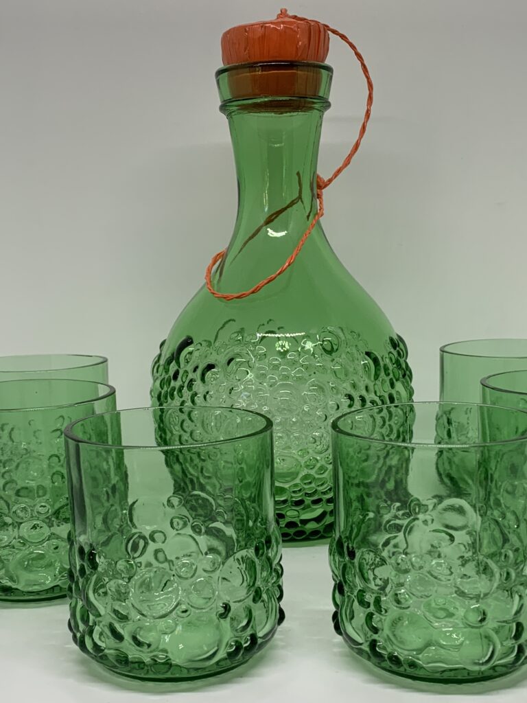 Mid Century Pressed Glass Decanter Set with 6 Glasses - Vintage Keepsakes