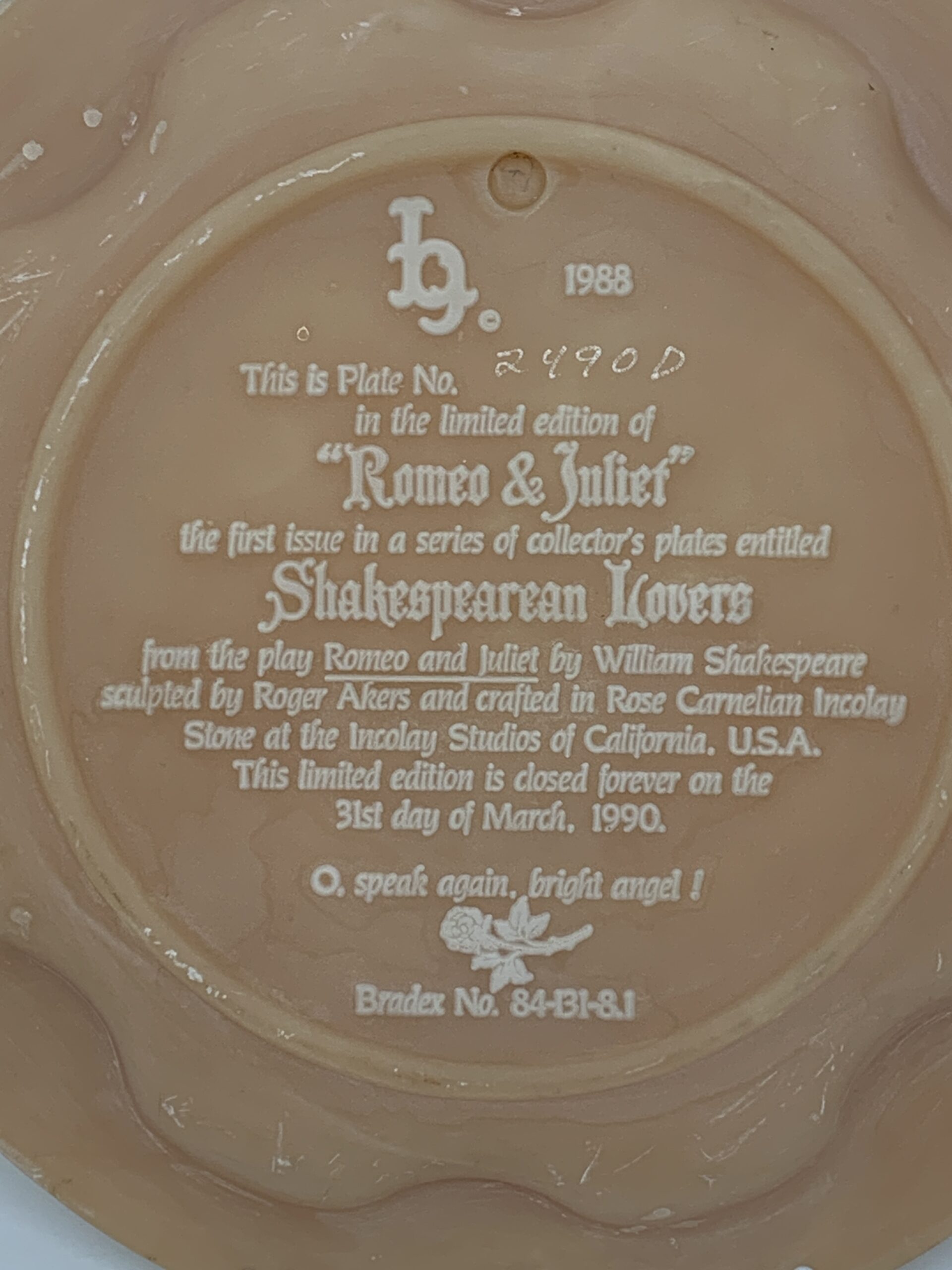 Bradford Exchange Shakespearean Lovers Romeo and Juliet Cameoware plate ...