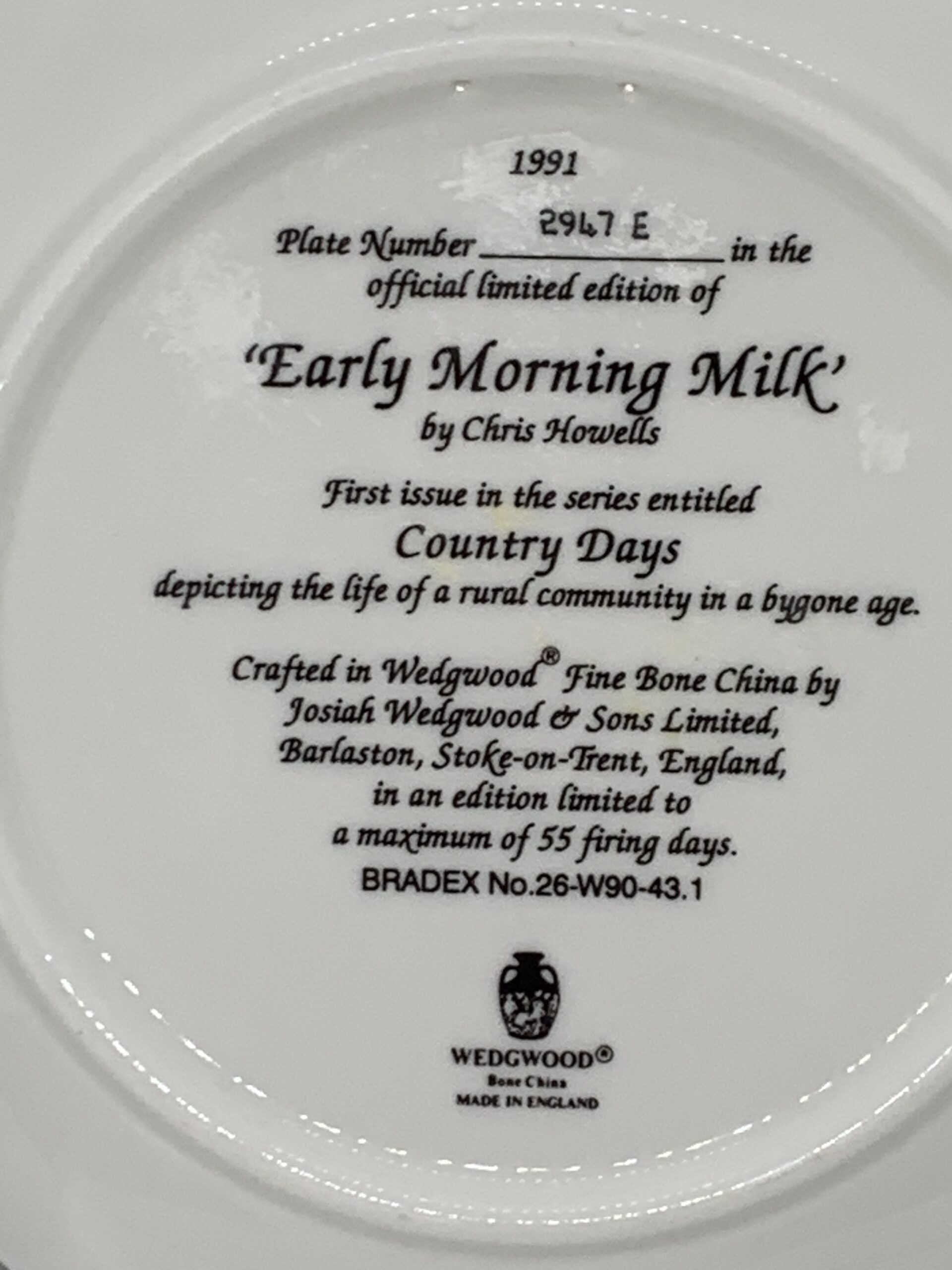 Wedgwood Early Morning Milk - Country Days Series 1991 20cm Plate ...