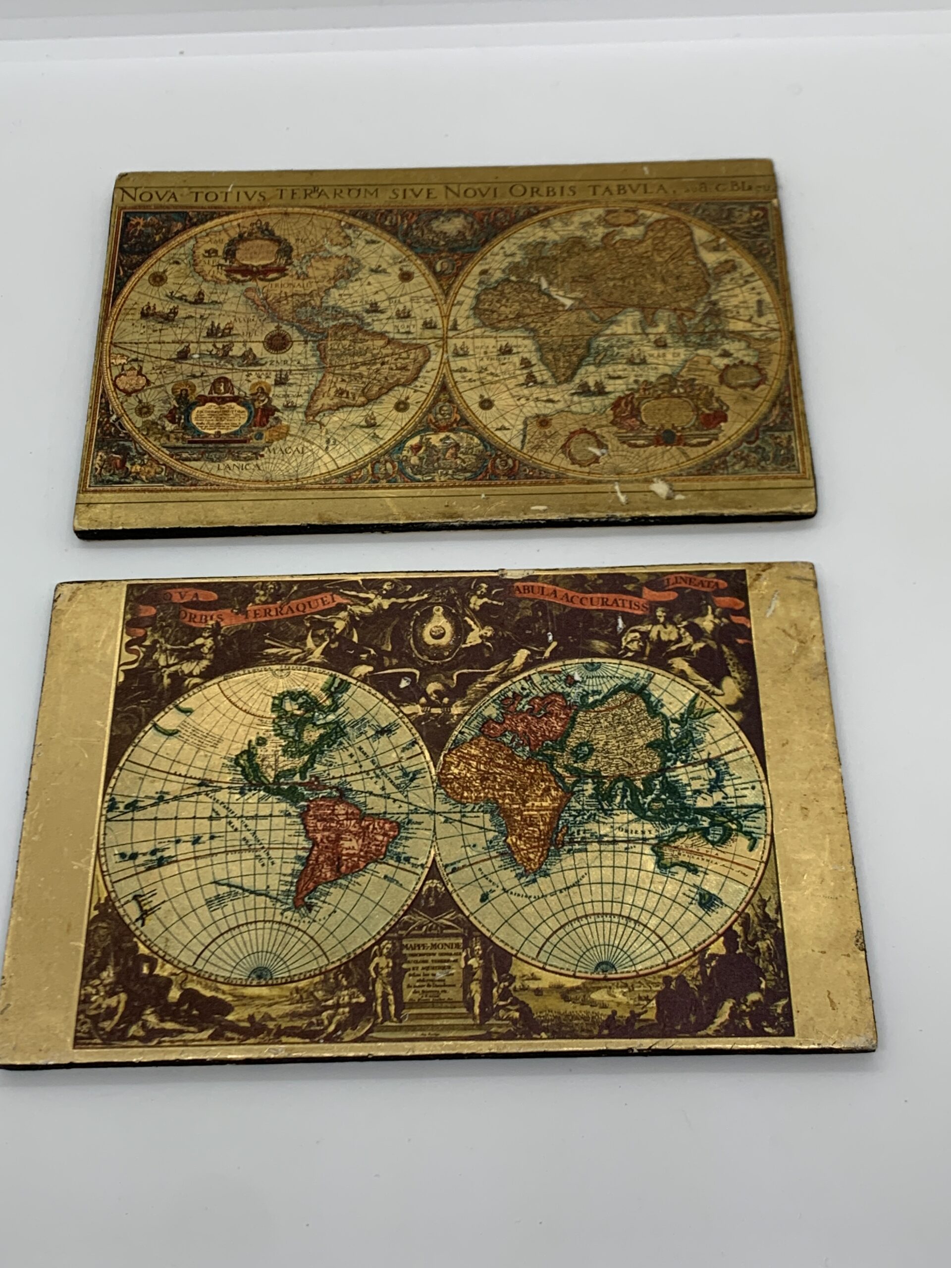 Valentine Printed in England Golden Old World Map Plaques x 2 - Vintage ...
