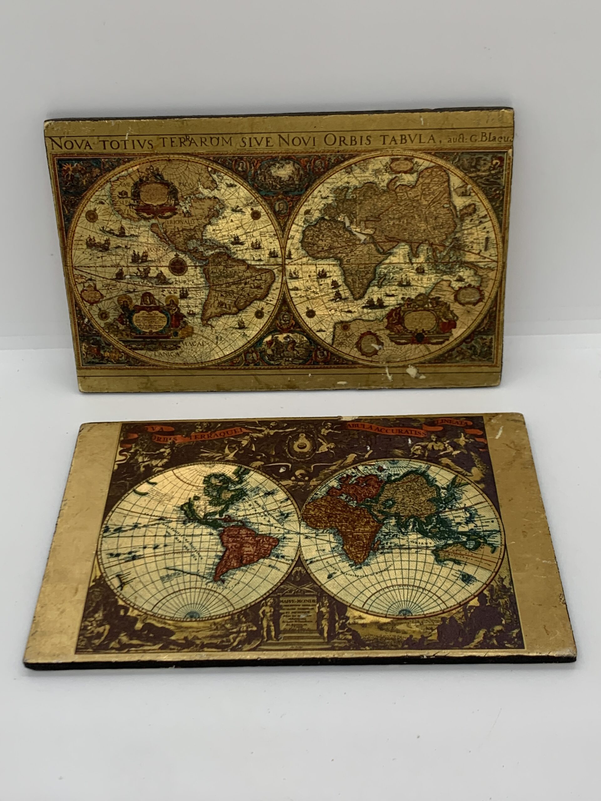 Valentine Printed in England Golden Old World Map Plaques x 2 - Vintage ...