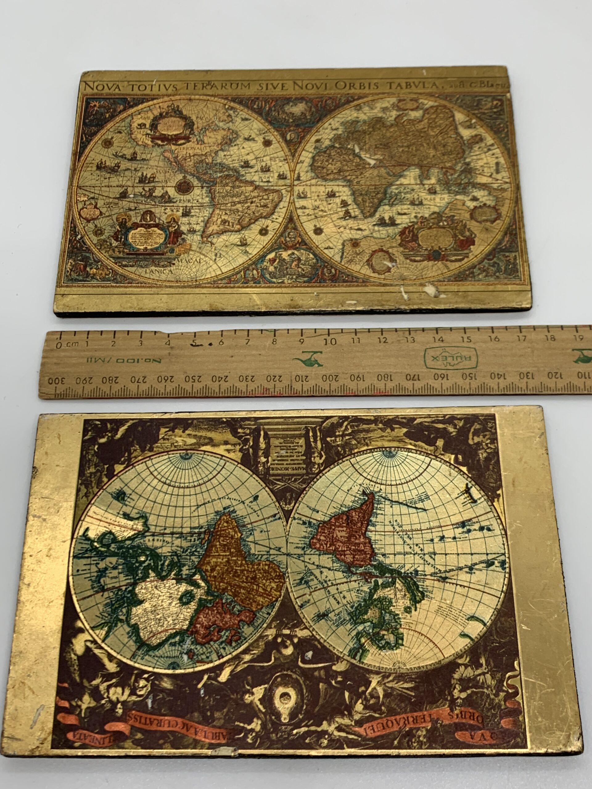 Valentine Printed in England Golden Old World Map Plaques x 2 - Vintage ...
