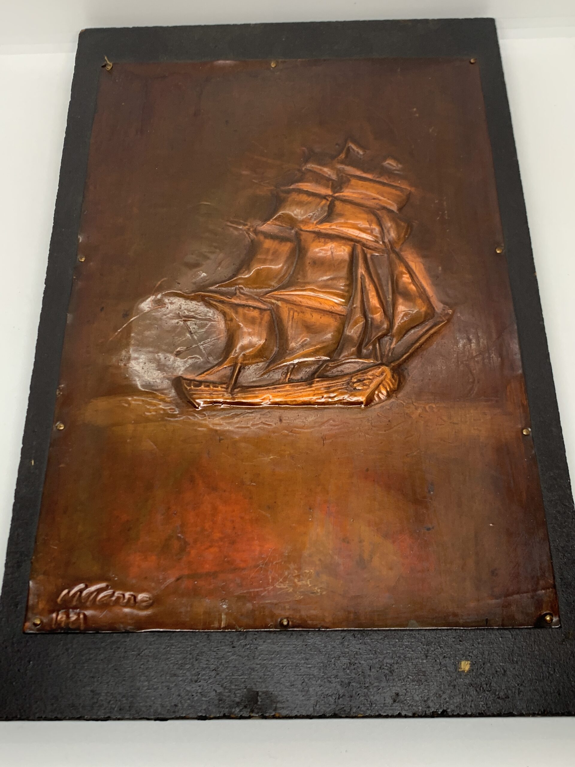 Vintage Pressed Copper Relief of a Tall Ship 32x22cm - Vintage Keepsakes