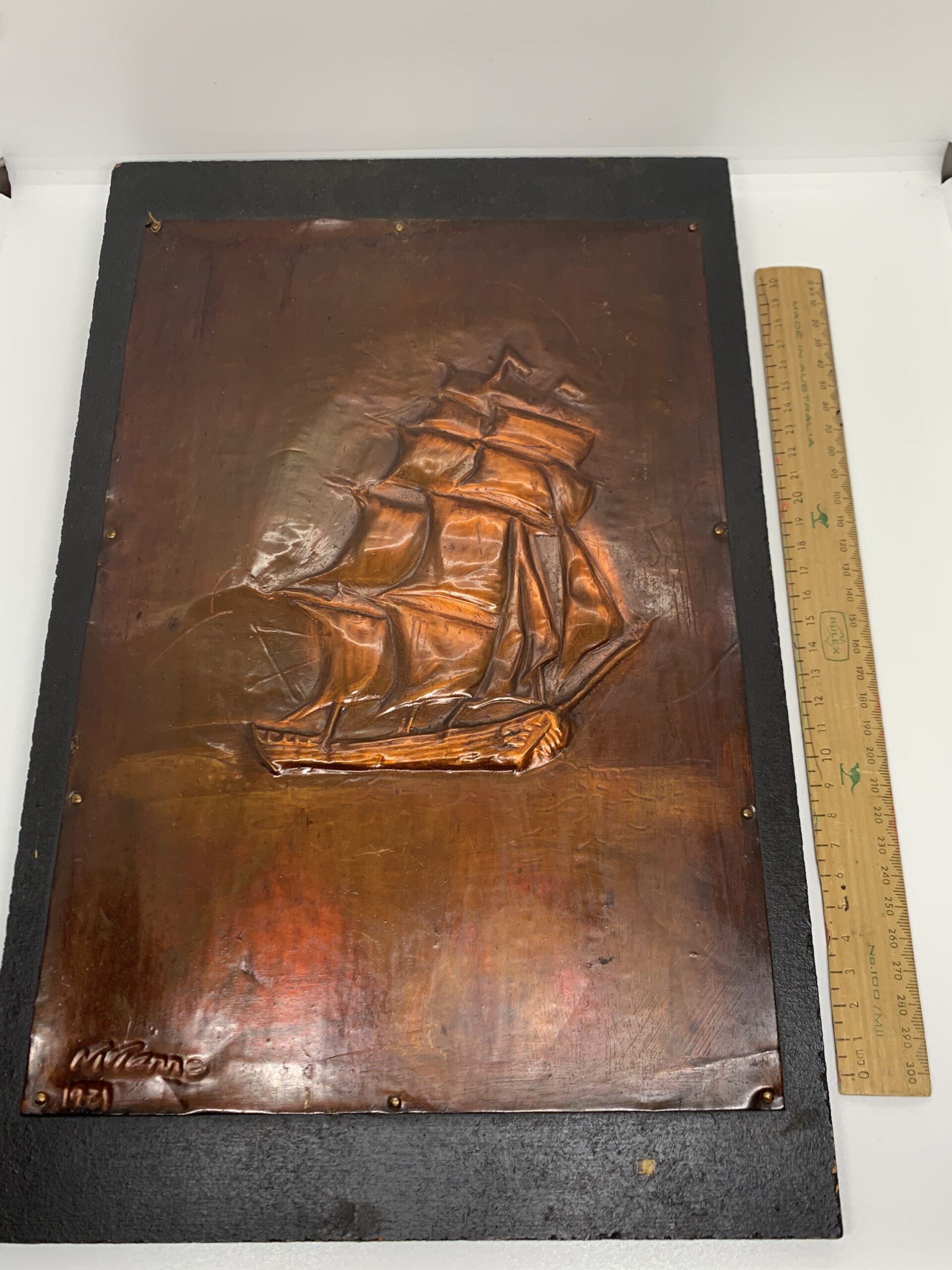 Vintage Pressed Copper Relief of a Tall Ship 32x22cm - Vintage Keepsakes