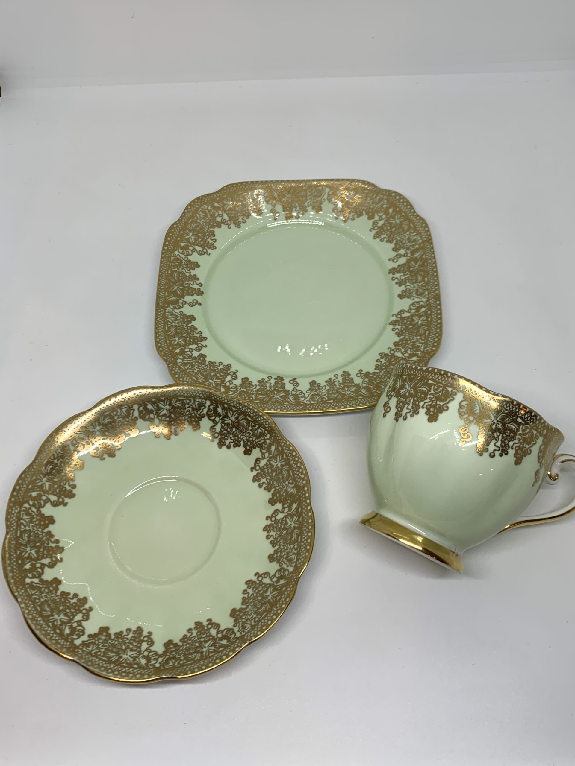 Vintage Bell Fine Bone China Pale Green with Gilt Grapes and Vines Trio ...