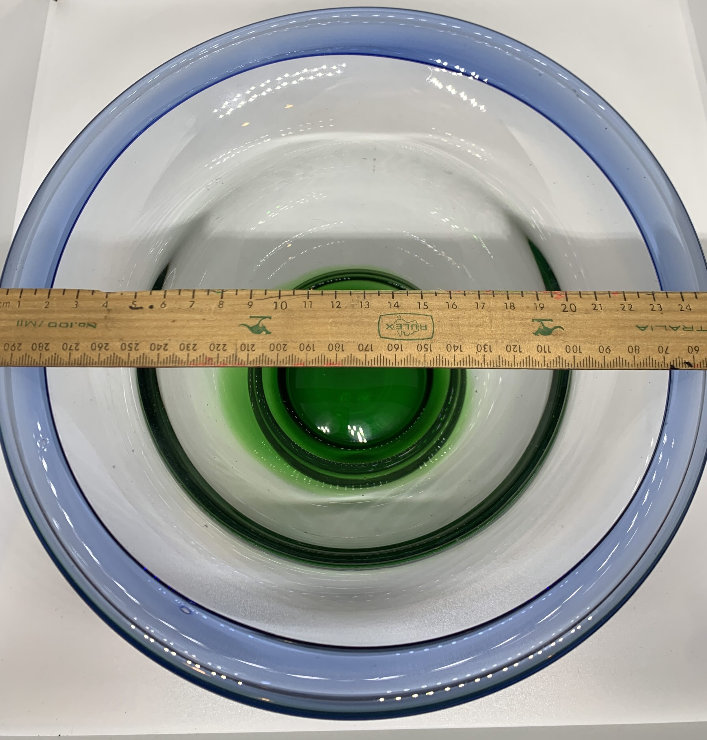 Beautiful Large Art Glass Bowl Cobalt Rim - Green Base - 25cm wide ...