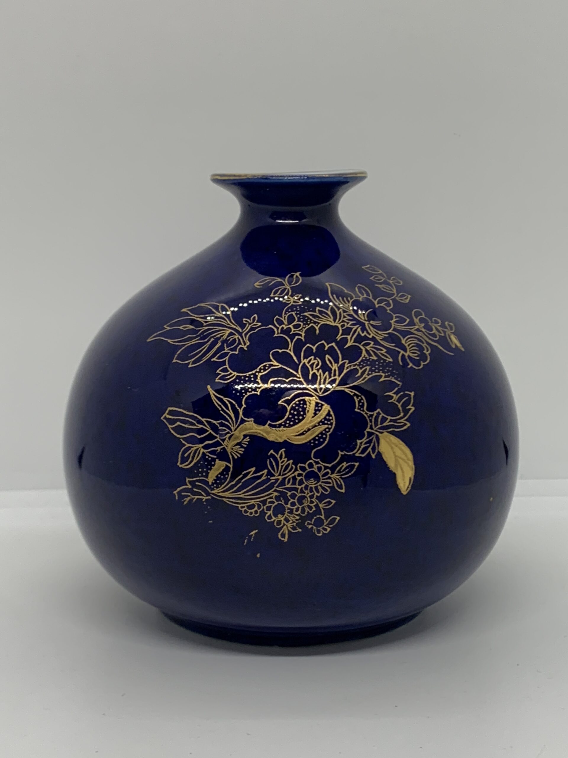 Hand Painted Blue Ceramic Round Vase 12cm high - Vintage Keepsakes
