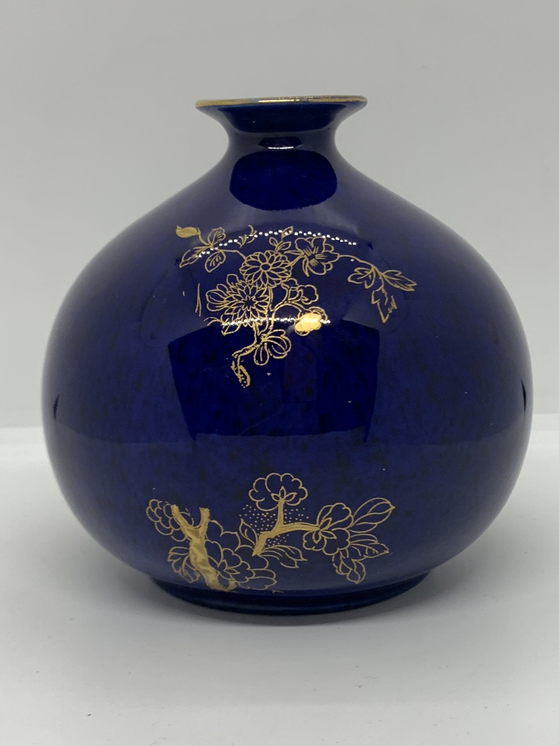 Hand Painted Blue Ceramic Round Vase 12cm high - Vintage Keepsakes