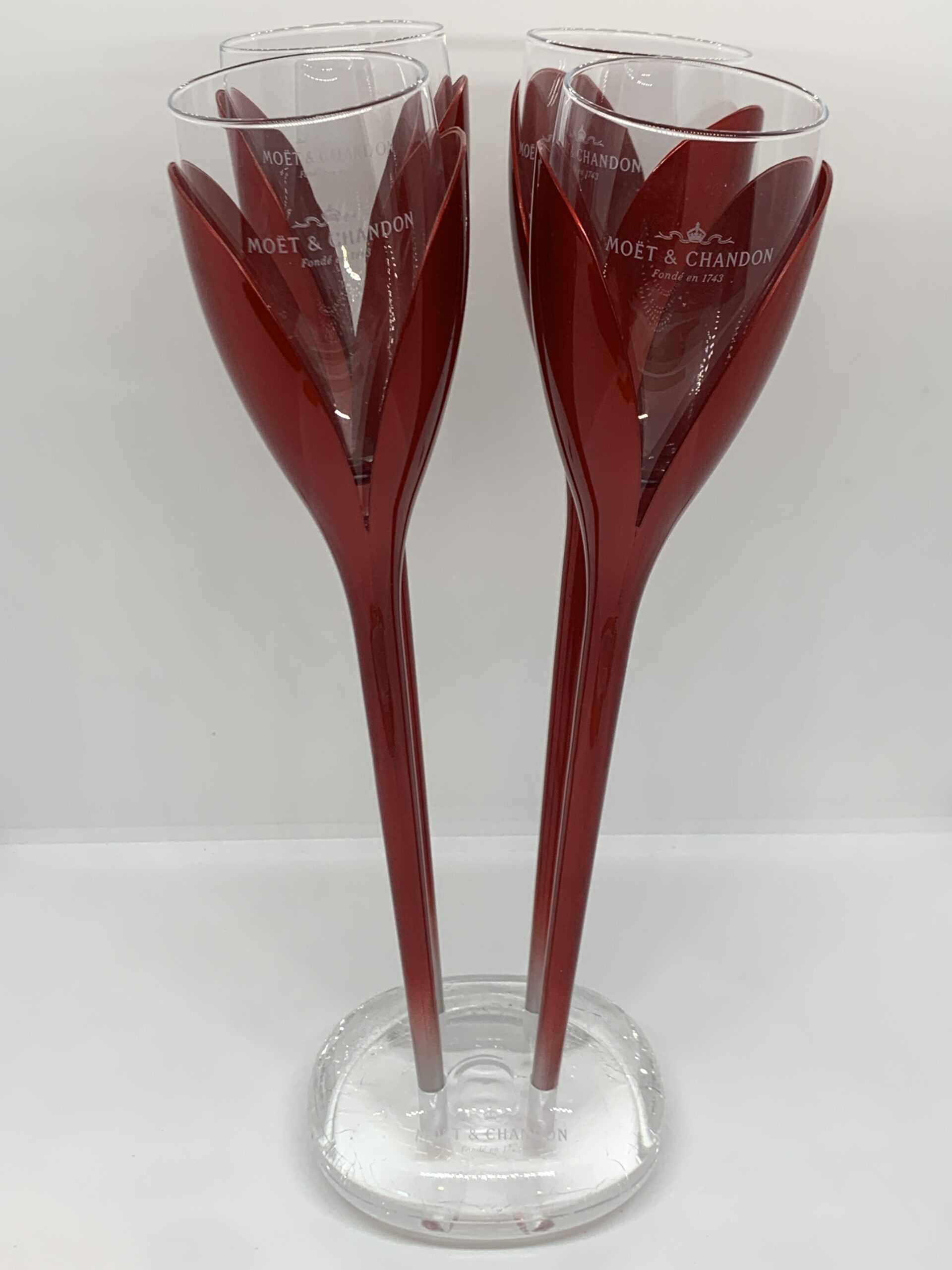 Moet and Chandon Four Tulip Glasses and Base - Red - Vintage Keepsakes