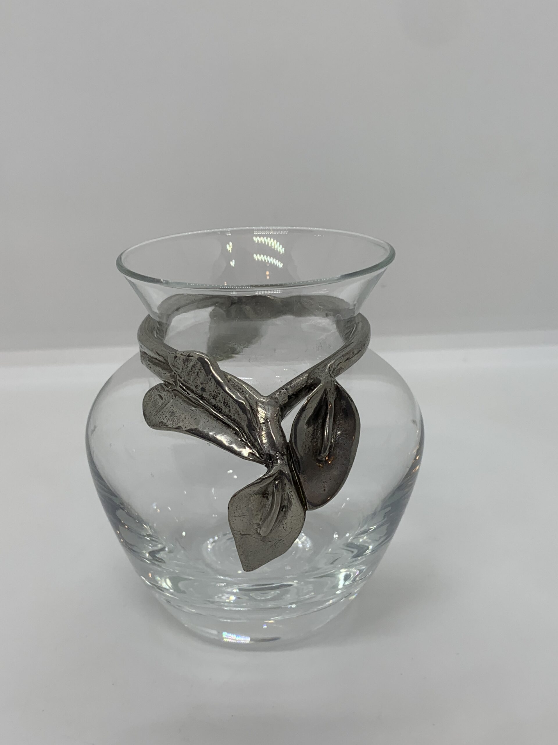 Bulbous Glass vase with Selwin Pewter Sculptured Leaves around rim 7cm ...