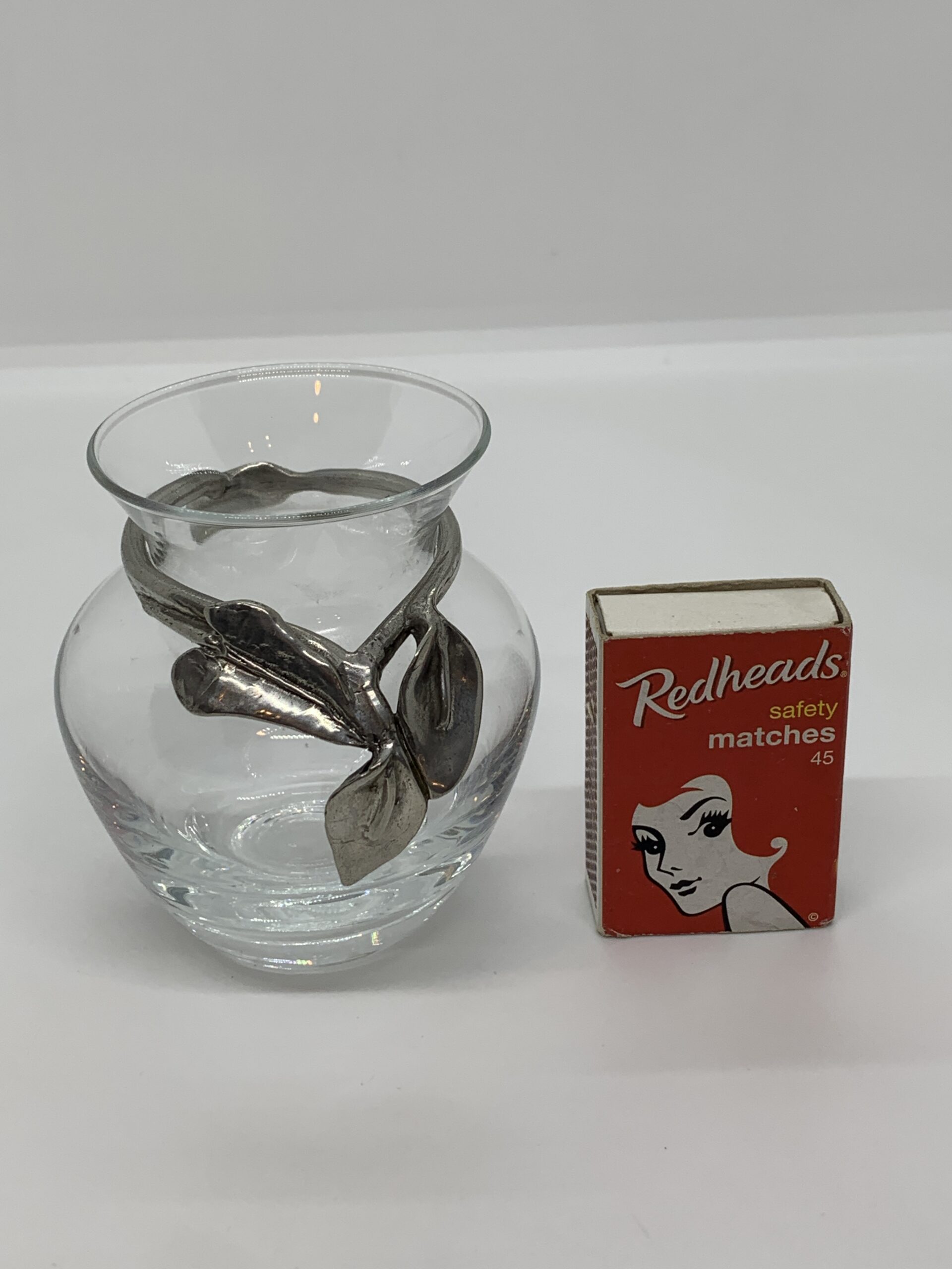 Bulbous Glass vase with Selwin Pewter Sculptured Leaves around rim 7cm ...