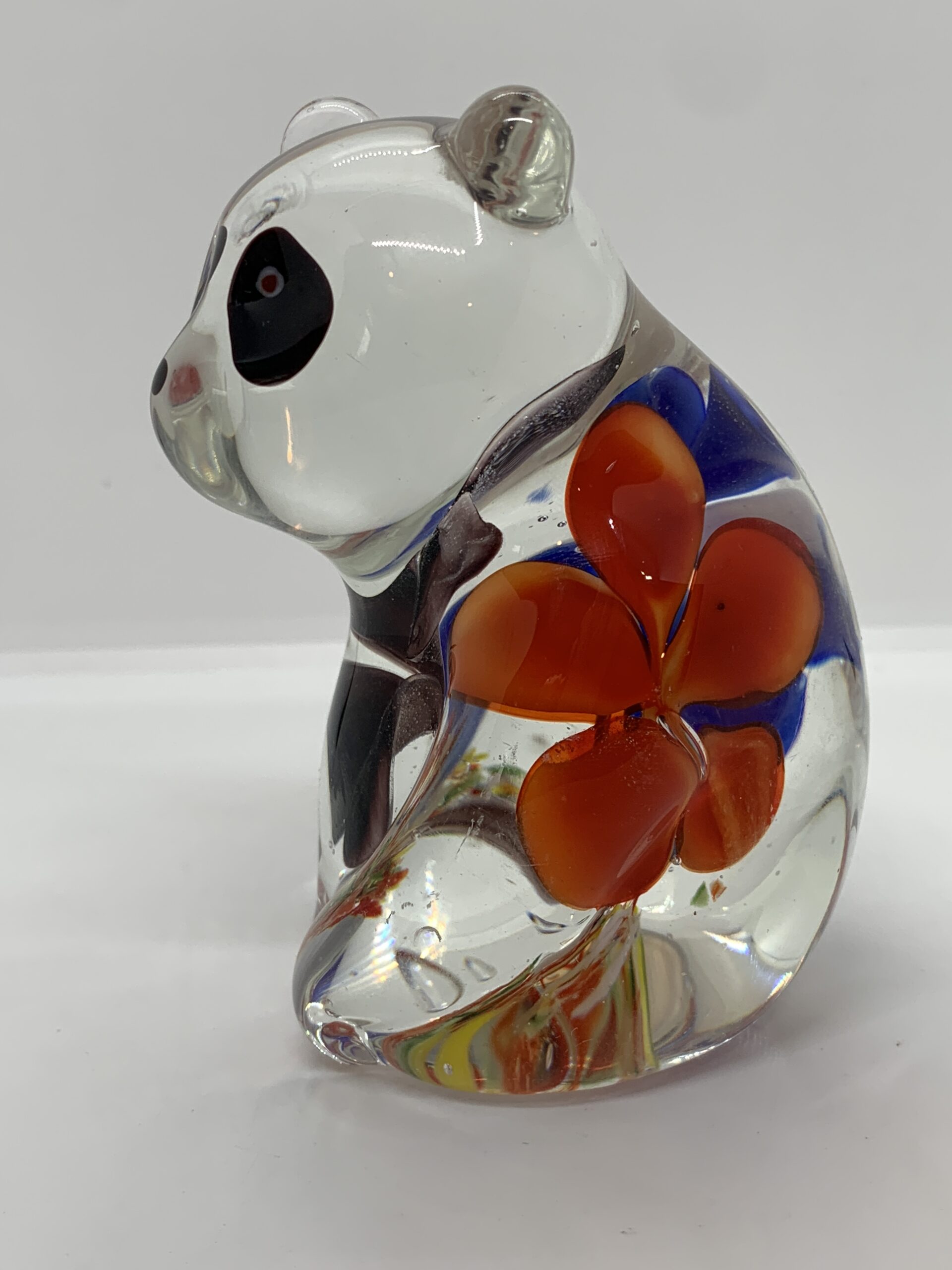 Clear Art Glass Panda with Internal Florals 11cm - Vintage Keepsakes