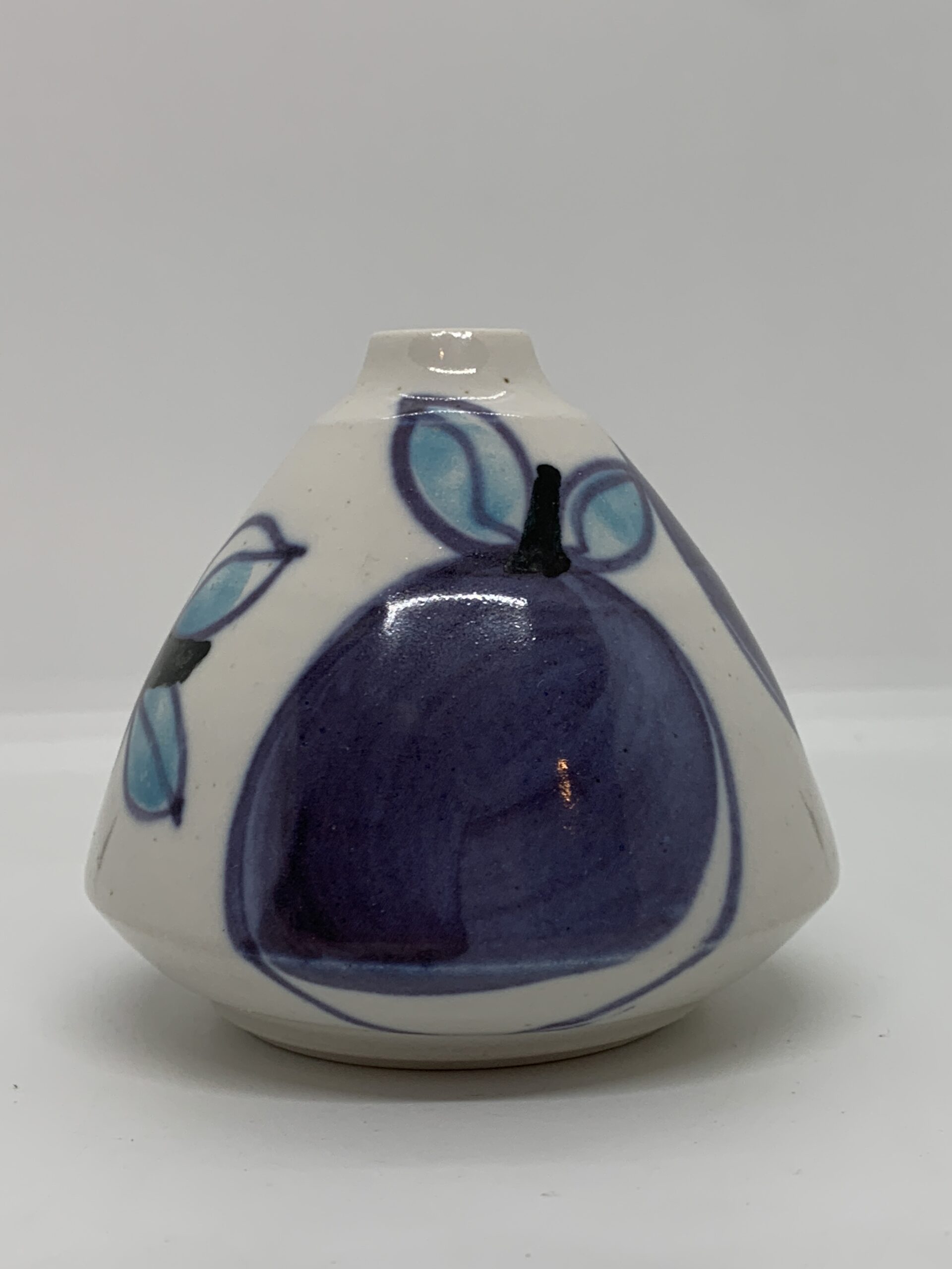 Pottery Squat Vase with Blue Fruit Pattern marked to base 7cm - Vintage ...