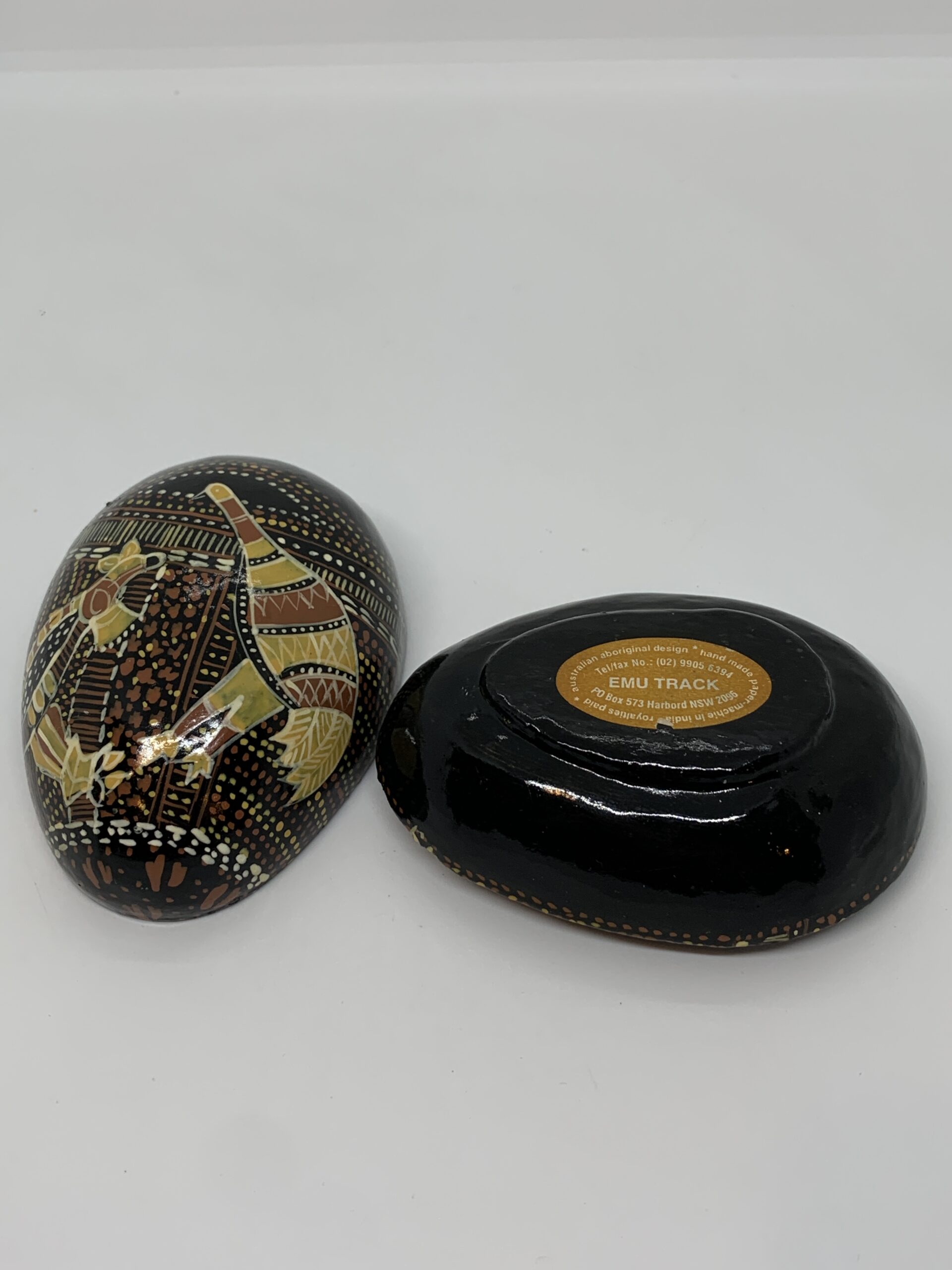 Emu Track Lacquared Paper Mache Lidded Egg with Aboriginal Design 10cm ...