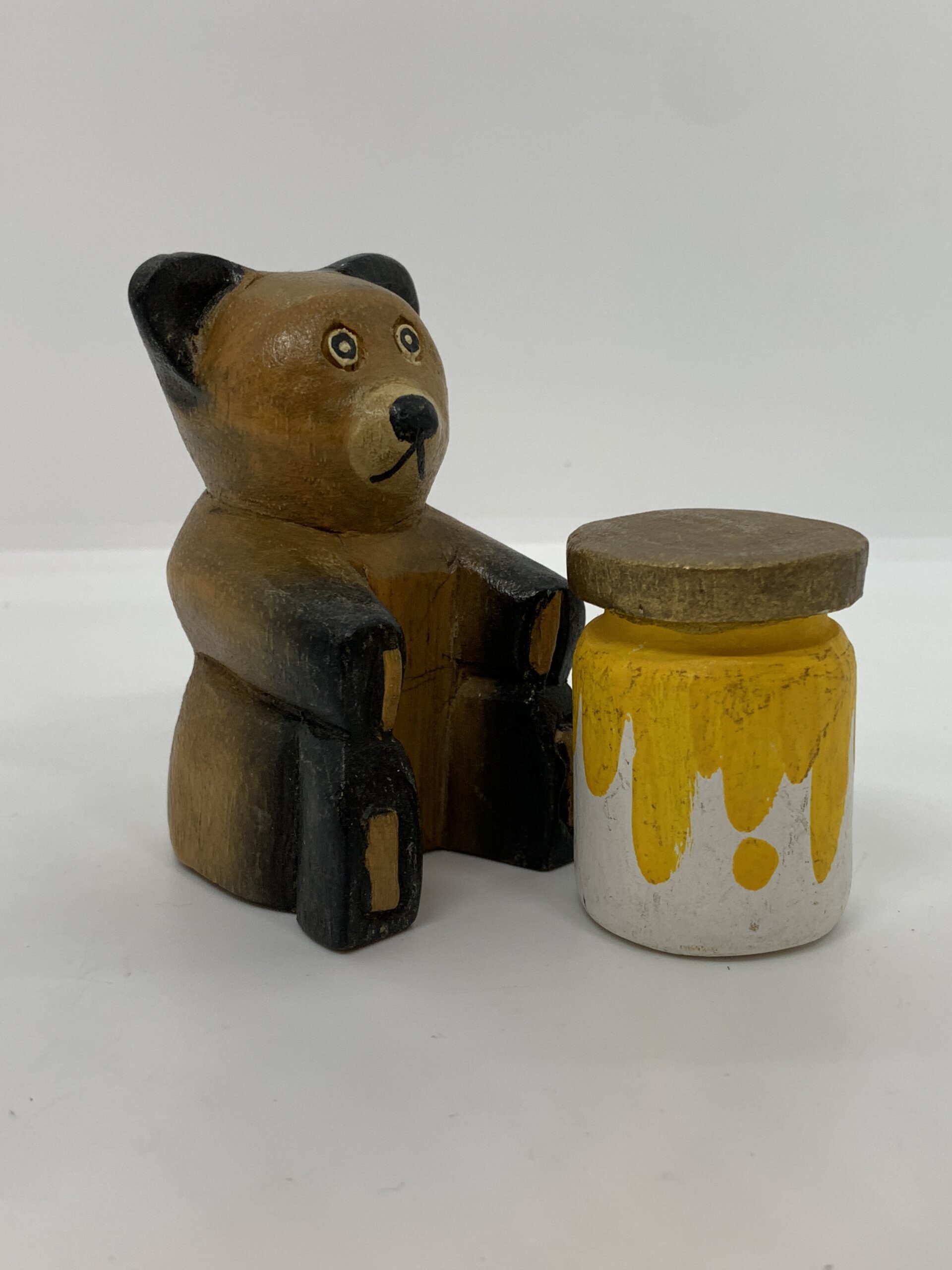 Wooden Bear and Wooden Honey Pot 9cm high - Vintage Keepsakes