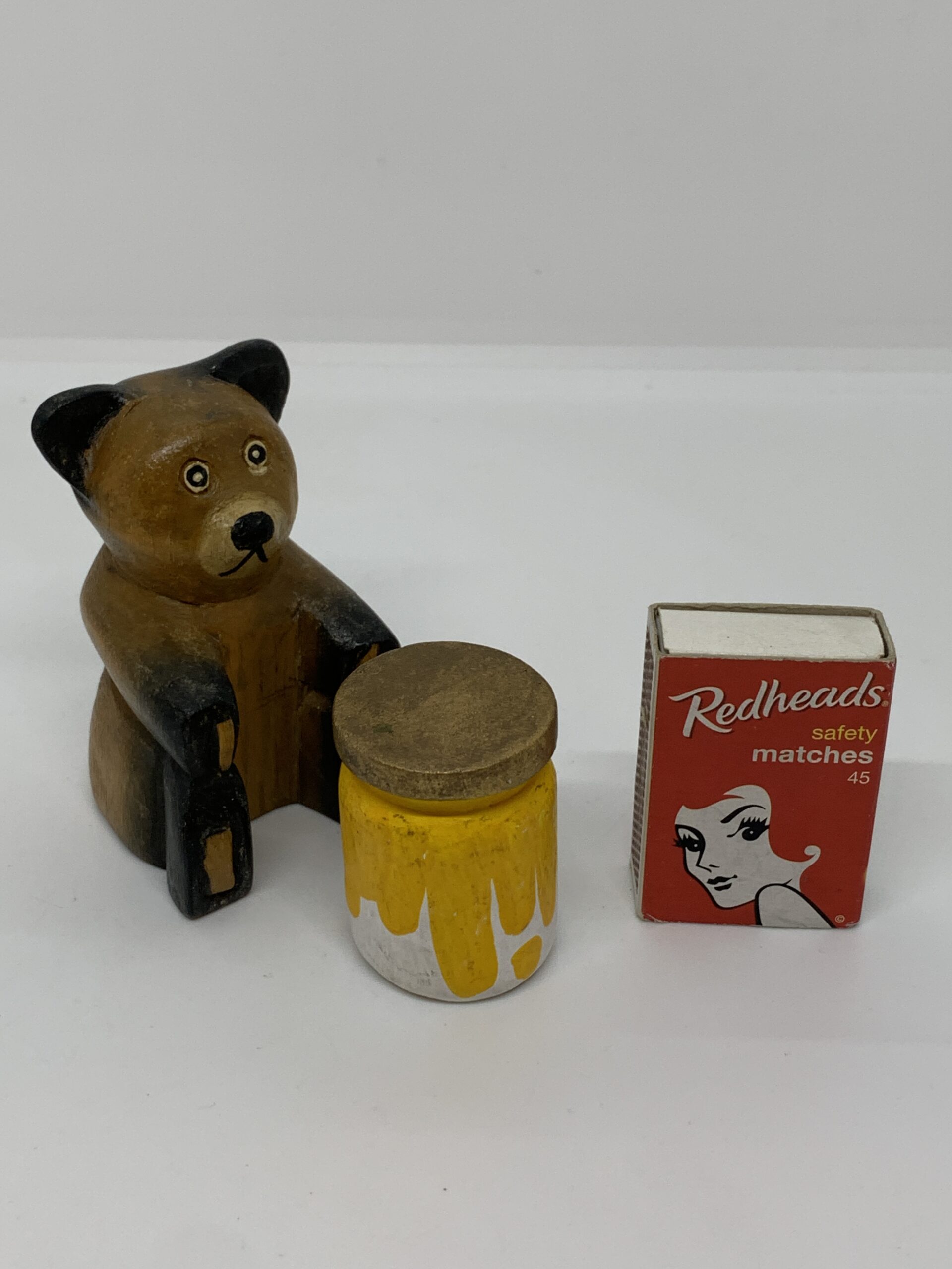 Wooden Bear and Wooden Honey Pot 9cm high - Vintage Keepsakes