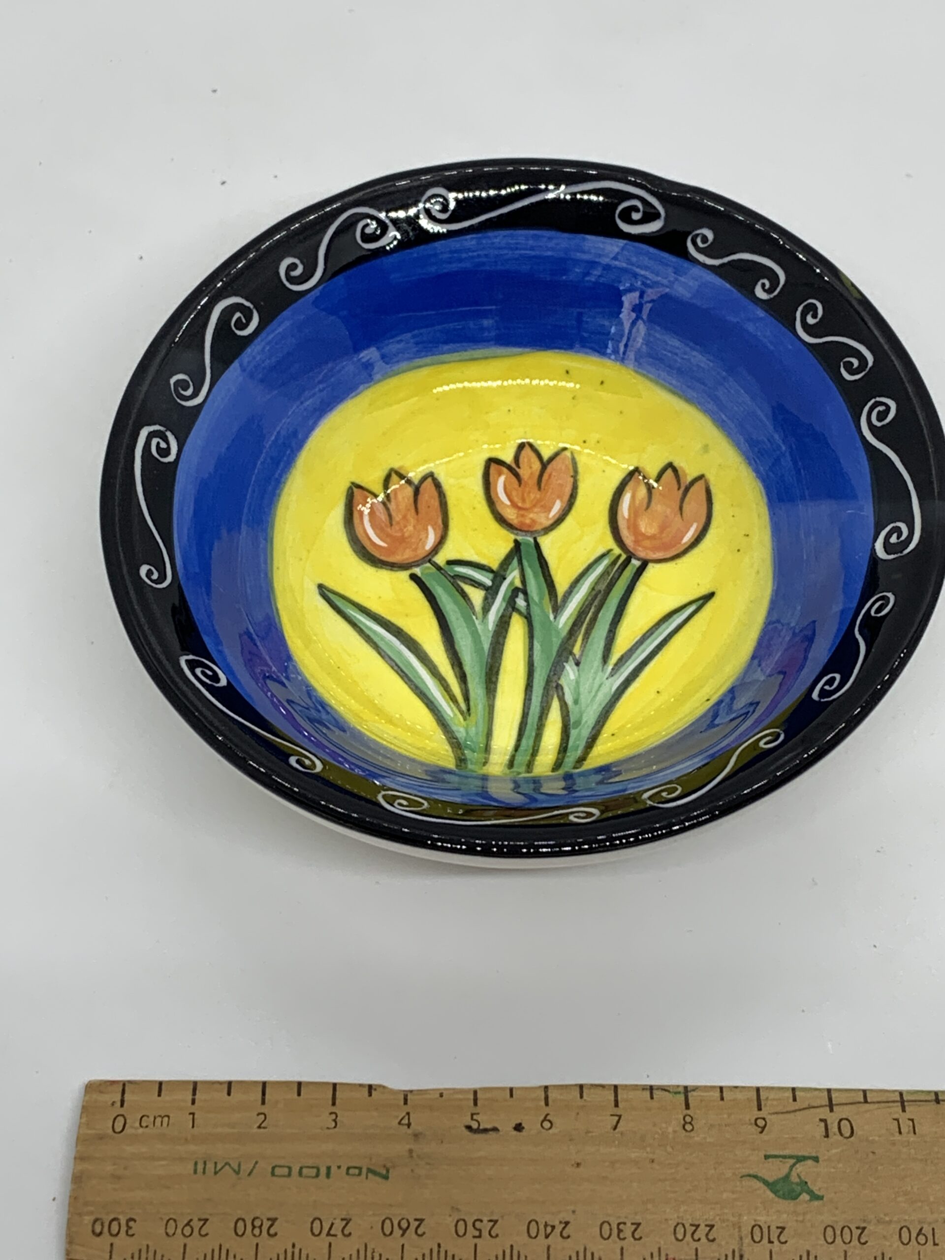 Pottery 13cm Bowl with Tulips Pattern - marked Scattered Pictures ...