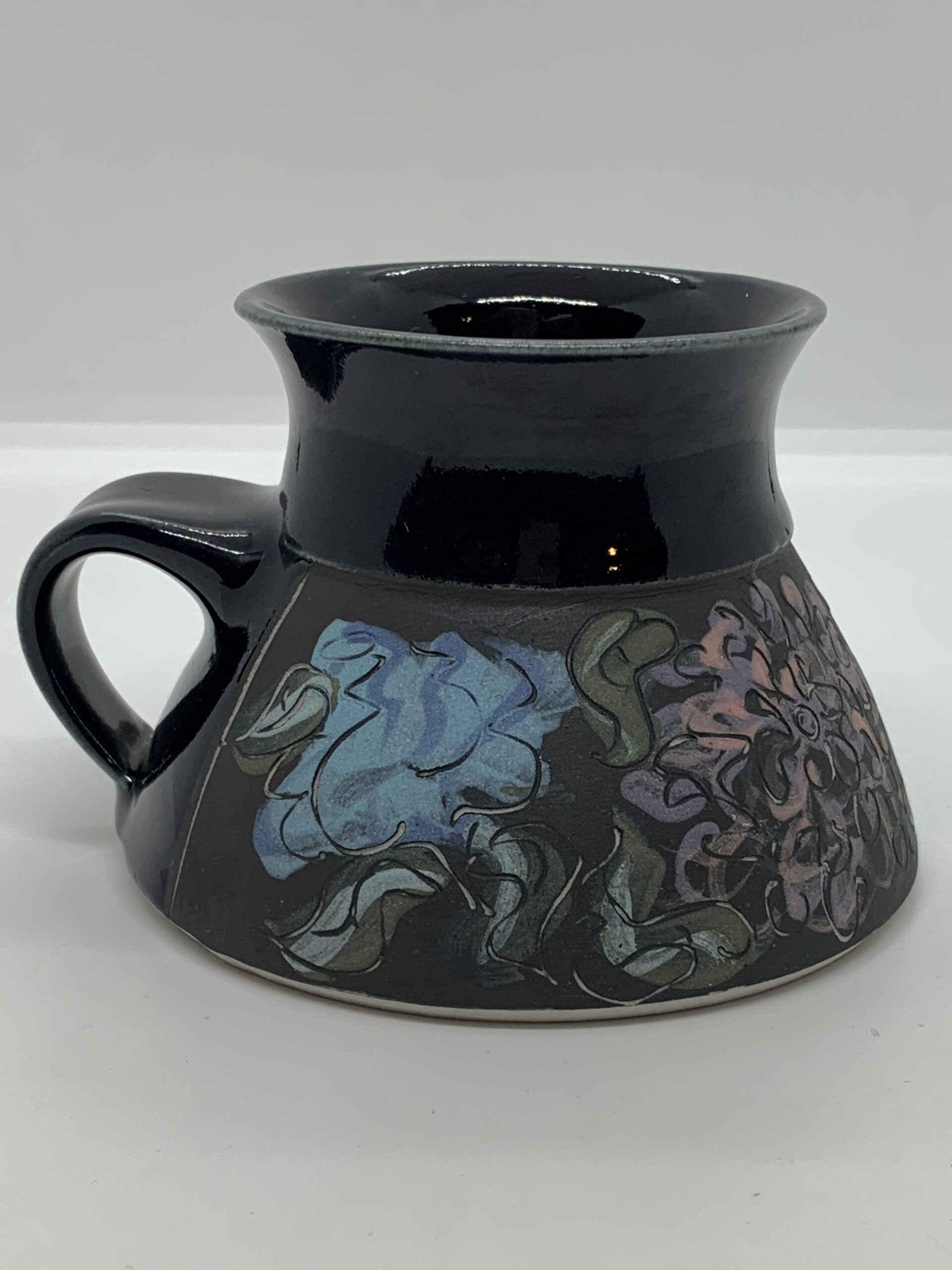 Ann Holtum Australian Pottery Flat Bottom Black Floral Pattern Mug 7cm ...