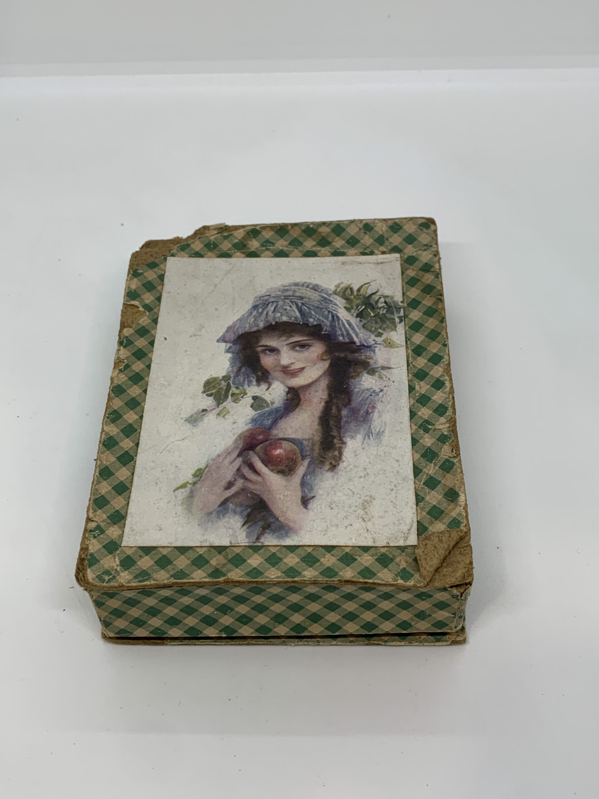 Box of Wooden Checkers Pieces in box with Pretty Maiden - Vintage Keepsakes