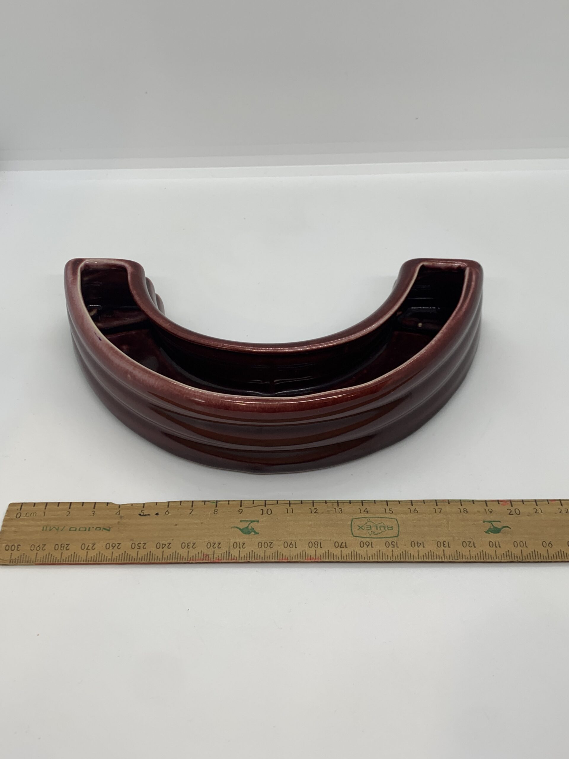 Studio Pottery Burgundy Crescent Trough Vase 19cm - Vintage Keepsakes