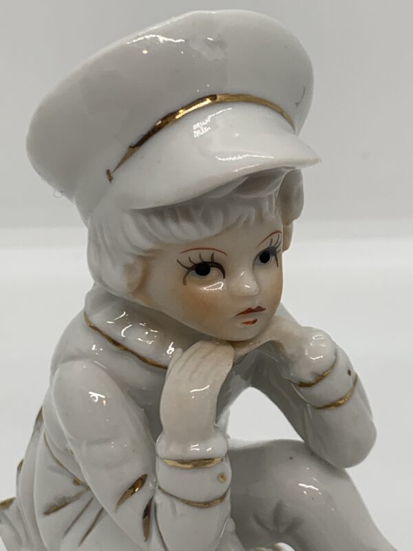 Porcelain Boy Sitting Hands under Chin 14cm - Vintage Keepsakes