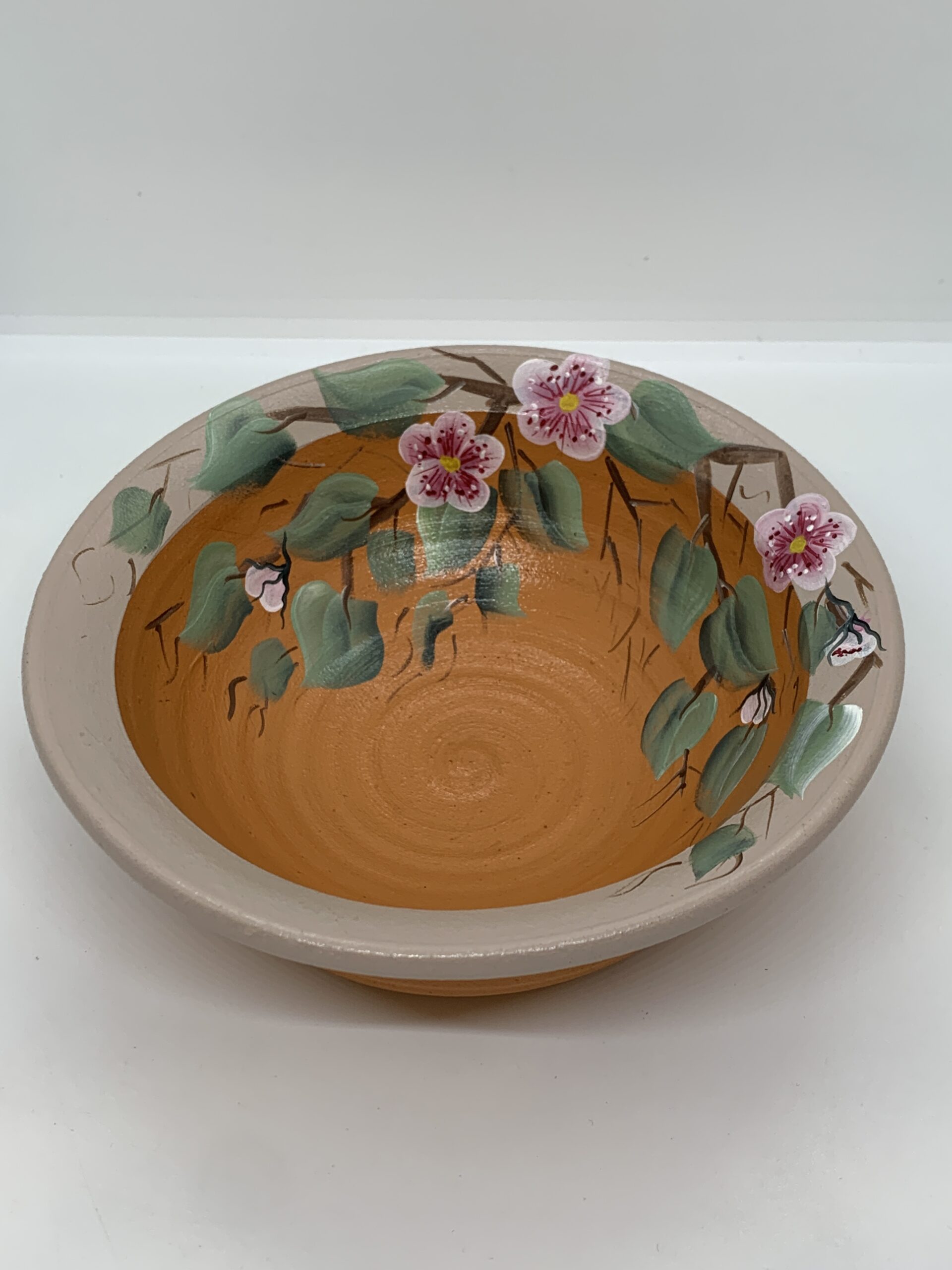 Terracotta Pottery Bowl with Floral Pattern 18cm - Vintage Keepsakes