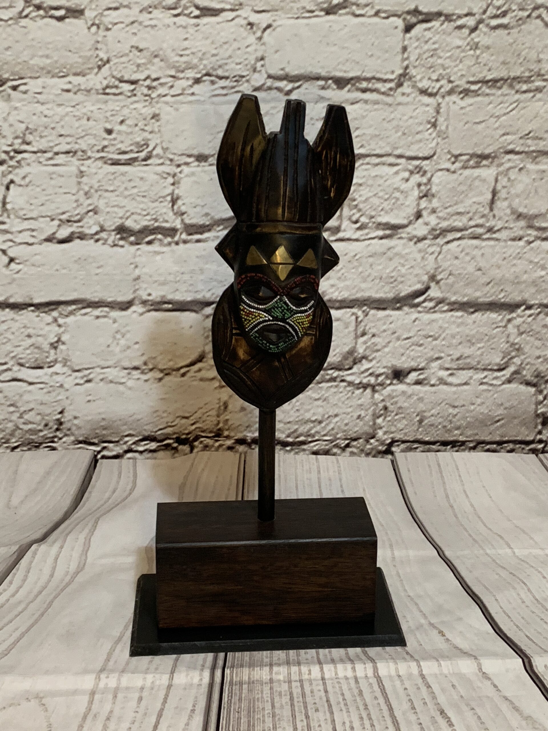 African Tribal Hand Carved Beaded Mask on Base 49cm - Vintage Keepsakes