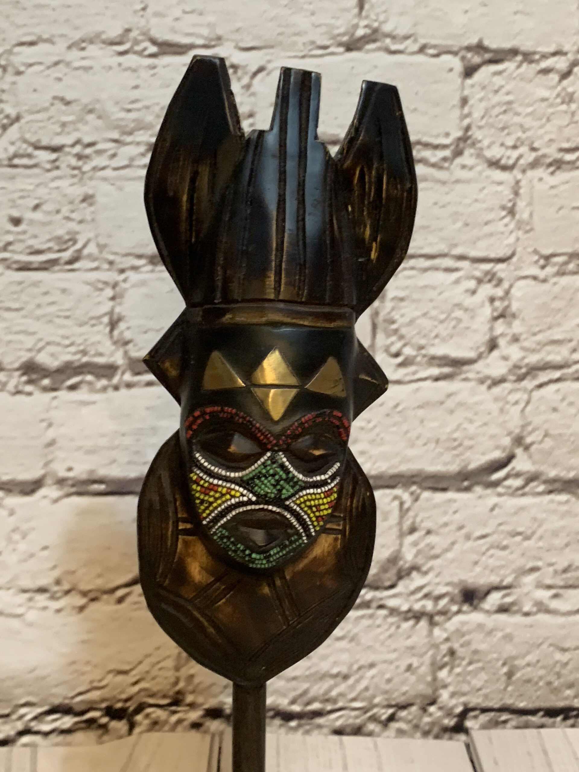African Tribal Hand Carved Beaded Mask on Base 49cm - Vintage Keepsakes