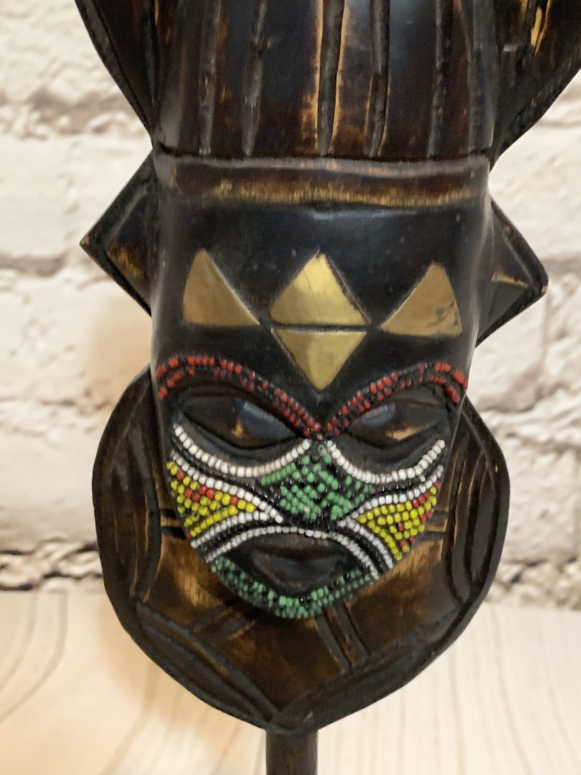 African Tribal Hand Carved Beaded Mask on Base 49cm - Vintage Keepsakes