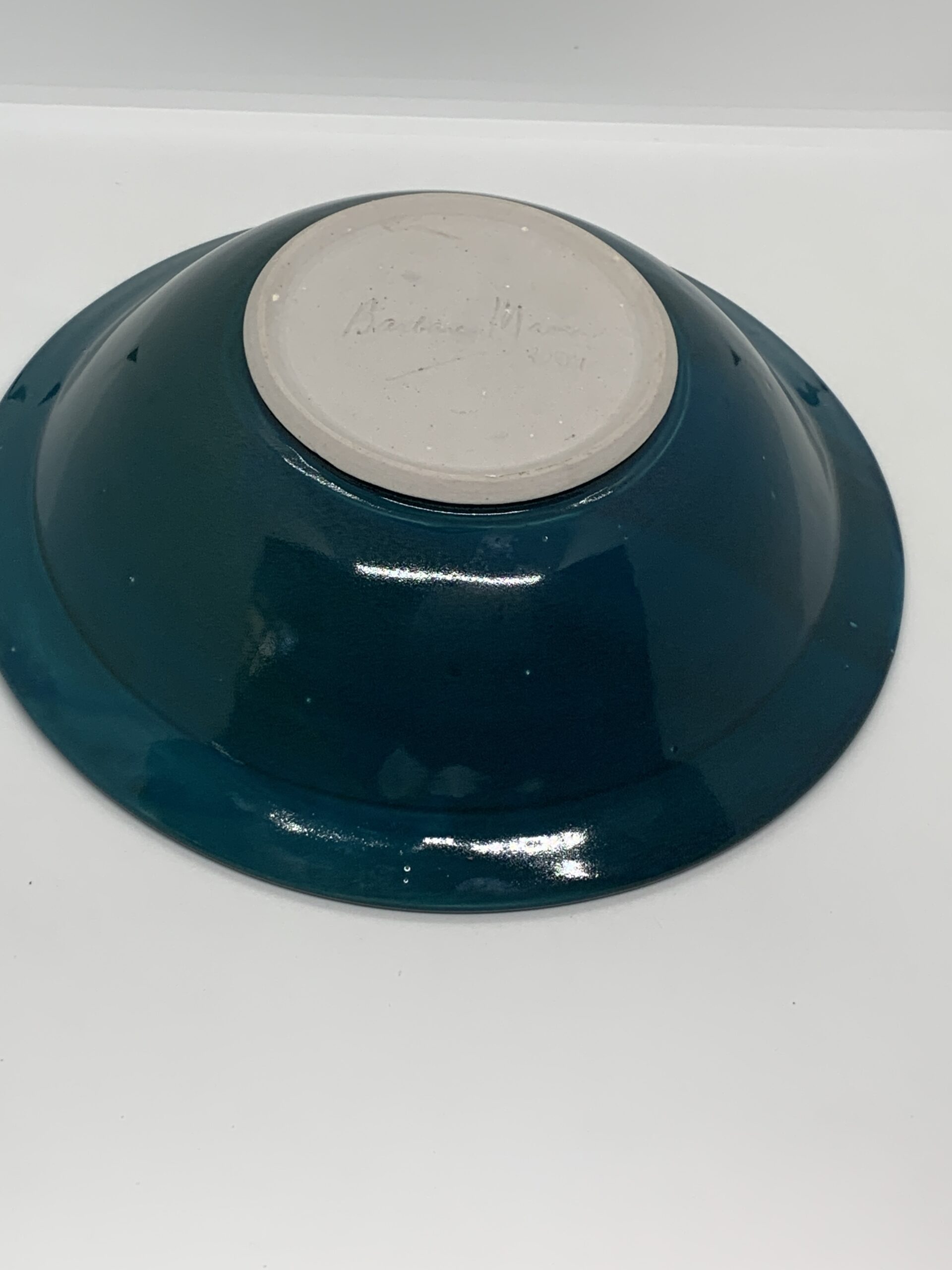 Barbara Mann 2009 Pottery Bowl Green Inside 26cm wide - Vintage Keepsakes